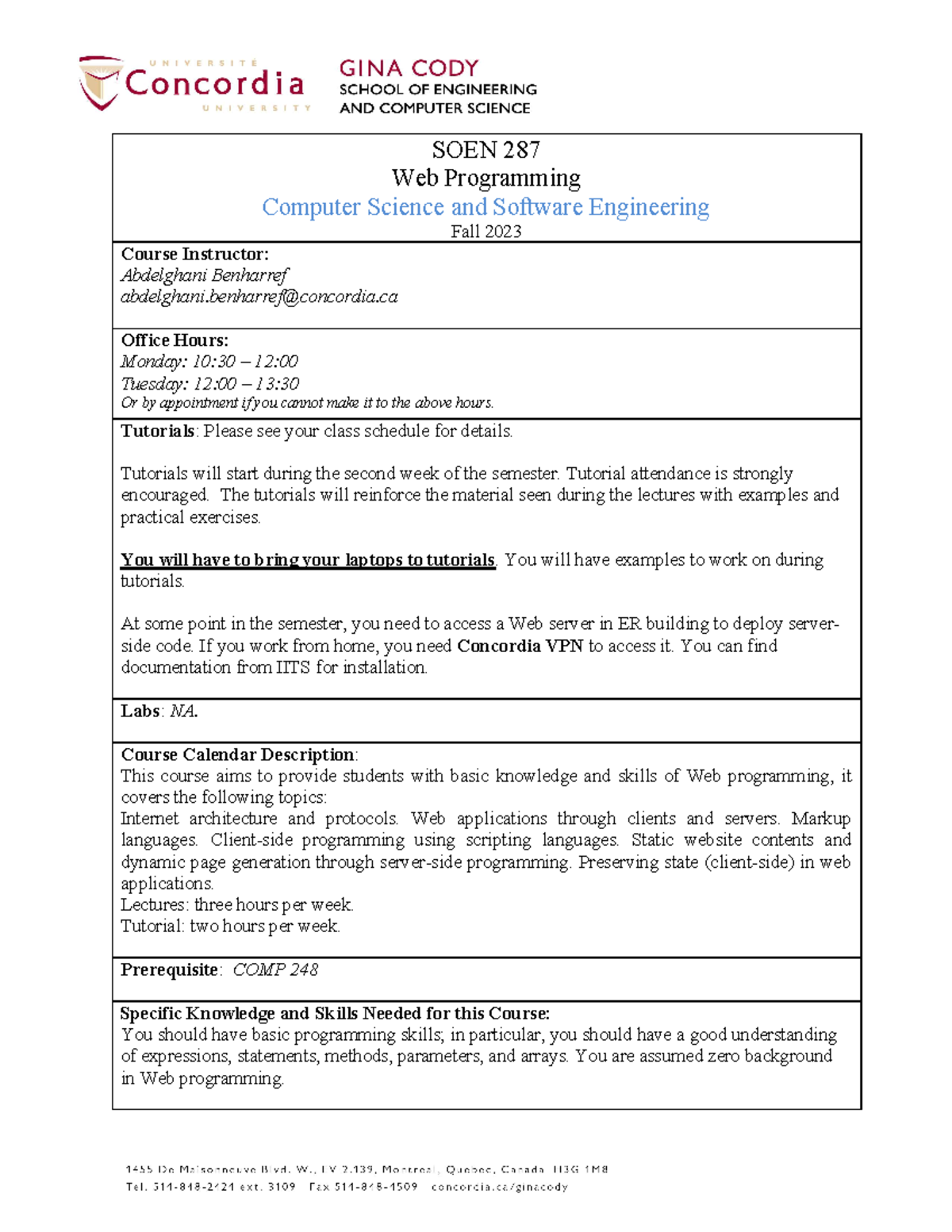 SOEN 287 - Fall 2023 - Course Outline - V2 - SOEN 287 Web Programming Computer Science and ...