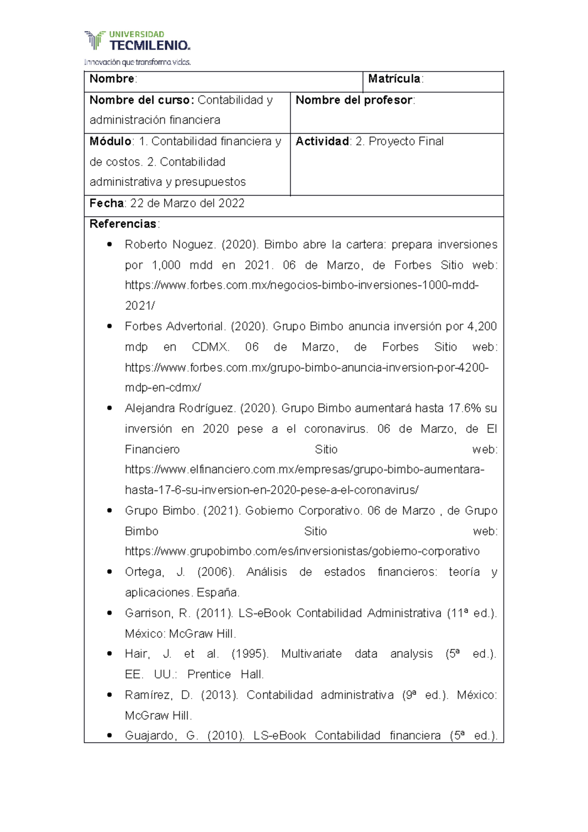 Evidencia 2 Proyecto final - Conta - Nombre: Matrícula: Nombre del curso: Contabilidad y - Studocu
