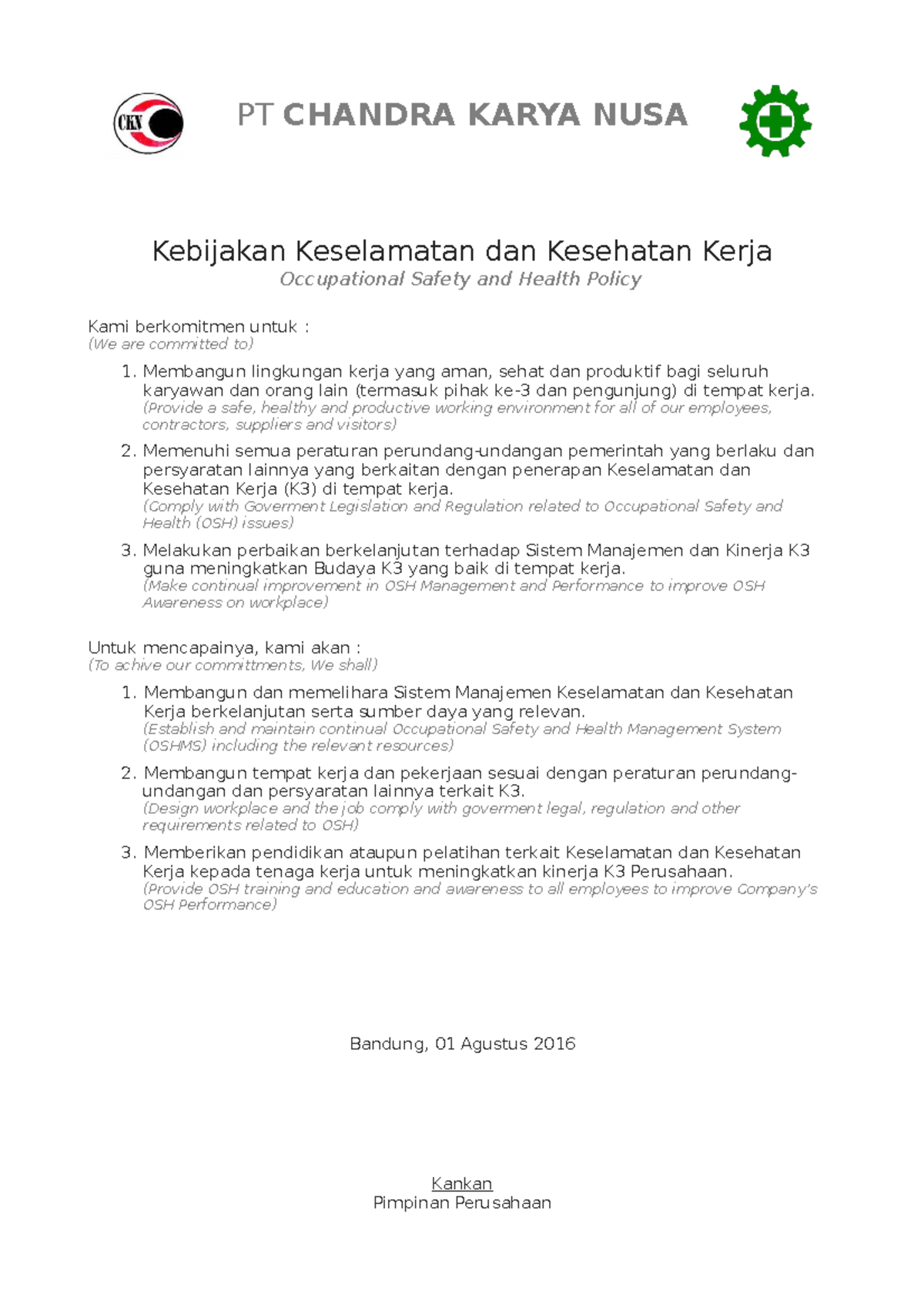 Kebijakan Keselamatan dan Kesehatan Kerja (K3) - PT CHANDRA KARYA NUSA ...