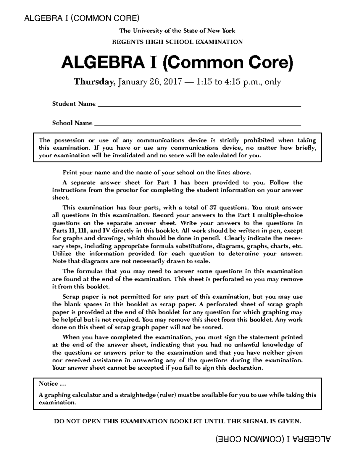 Algone 12017-exam - ALGEBRA I (COMMON CORE) (COMMON CORE) I ALGEBRA The ...