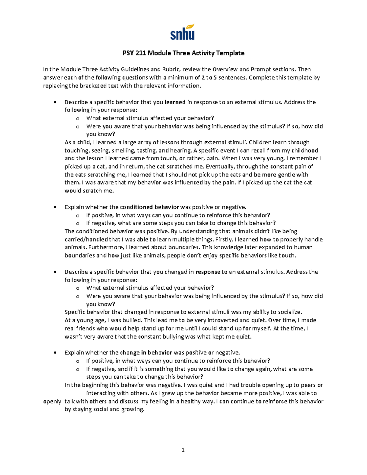 PSY 211 Module Three Activity Template - Then answer each of the ...