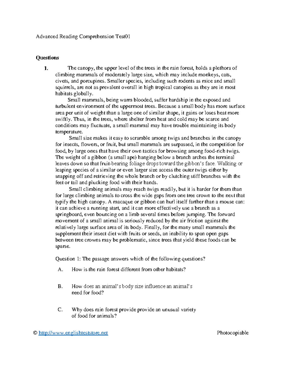 Advanced Reading Comprehension Test01 - Advanced Reading Comprehension ...