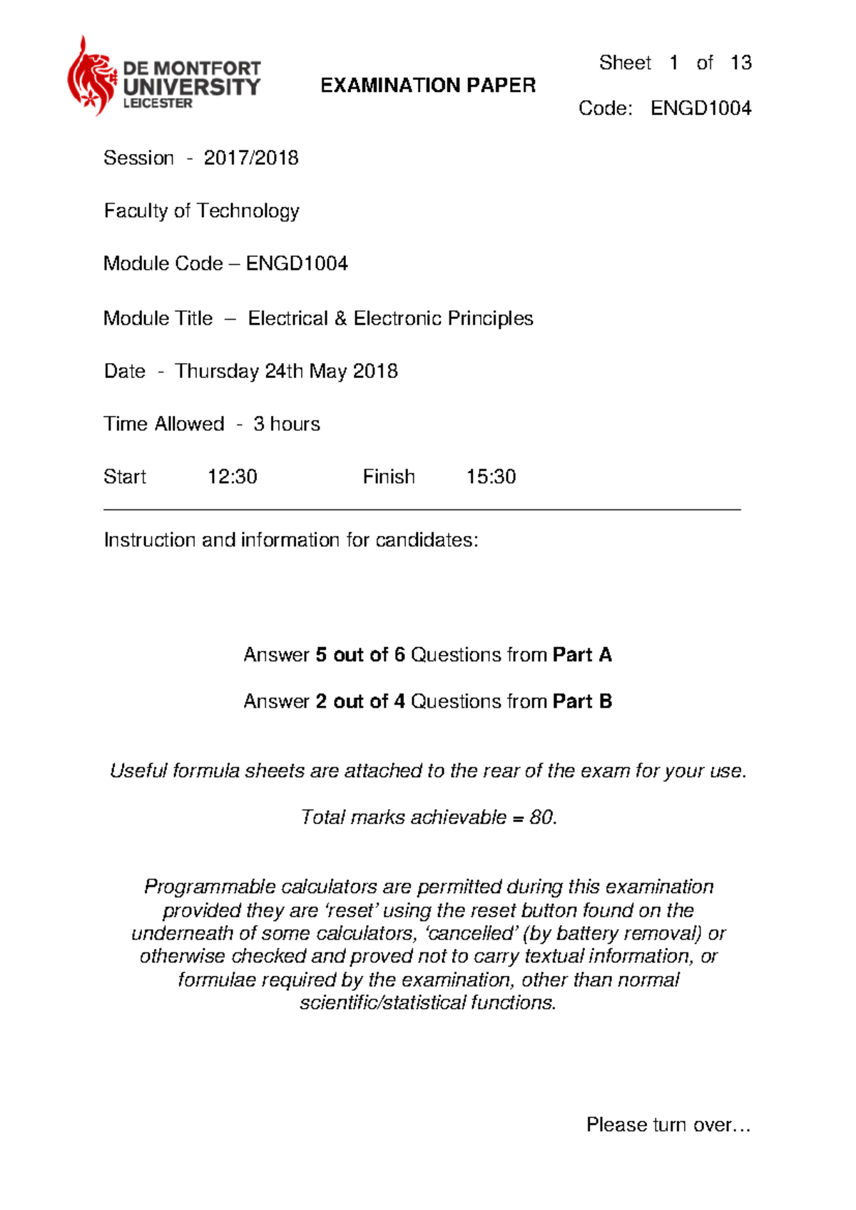 ENGD1004 2018 Exam - Sheet 1 of 13 EXAMINATION PAPER Code: ENGD Session ...