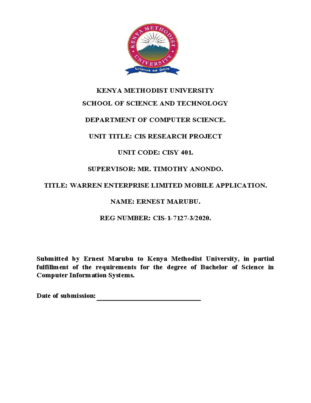 Warren Enterprise Limited - KENYA METHODIST UNIVERSITY SCHOOL OF SCIENCE AND TECHNOLOGY ...