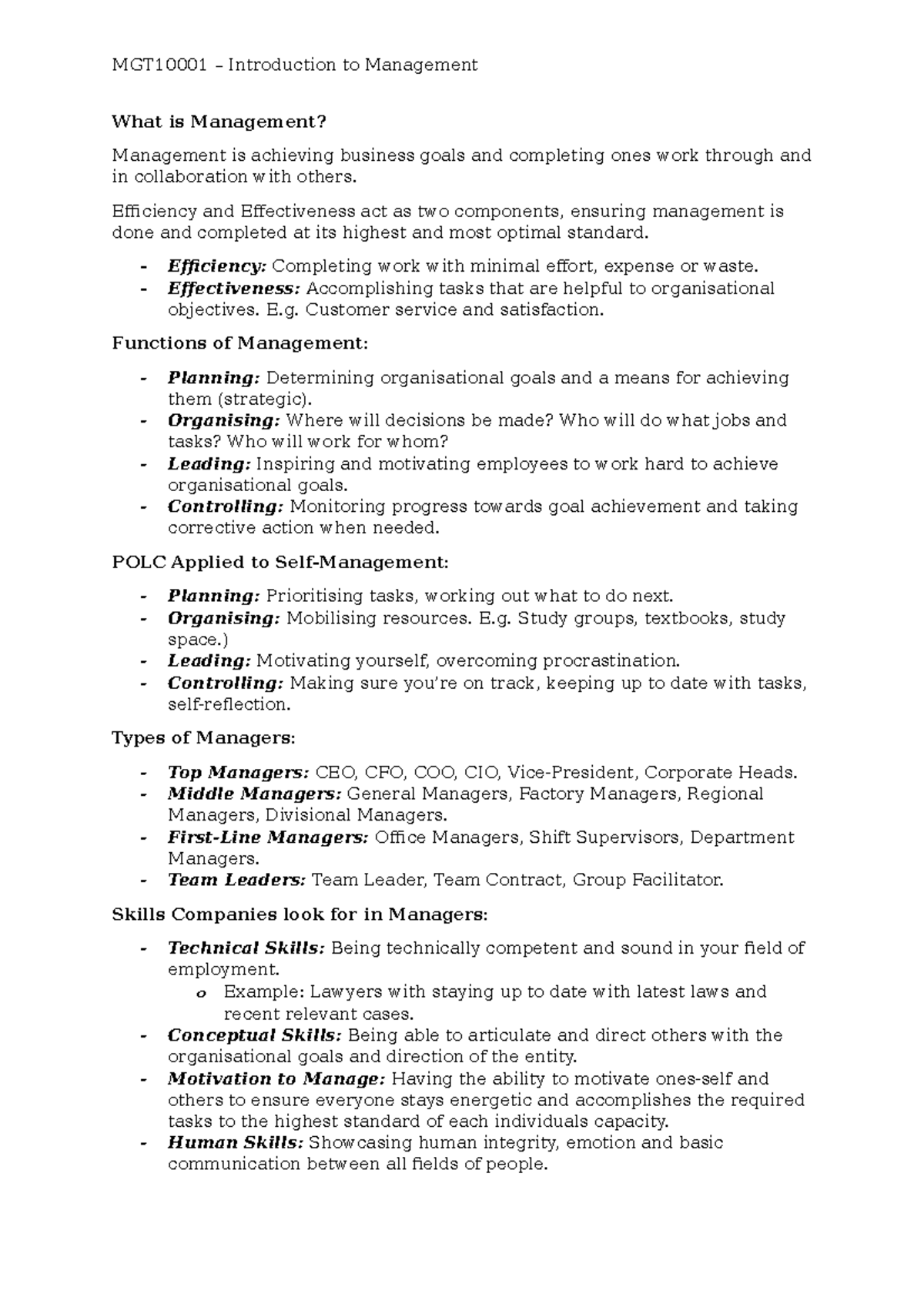 Weekly Notes - What is Management? Management is achieving business ...