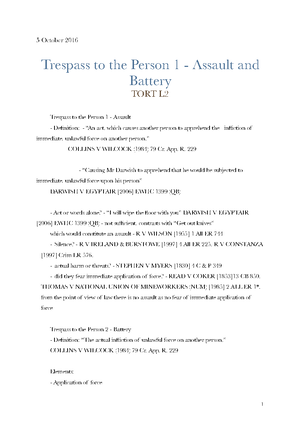 TORT EXAM - Exam practice - 3 types of trespass: Trespass to person, to ...