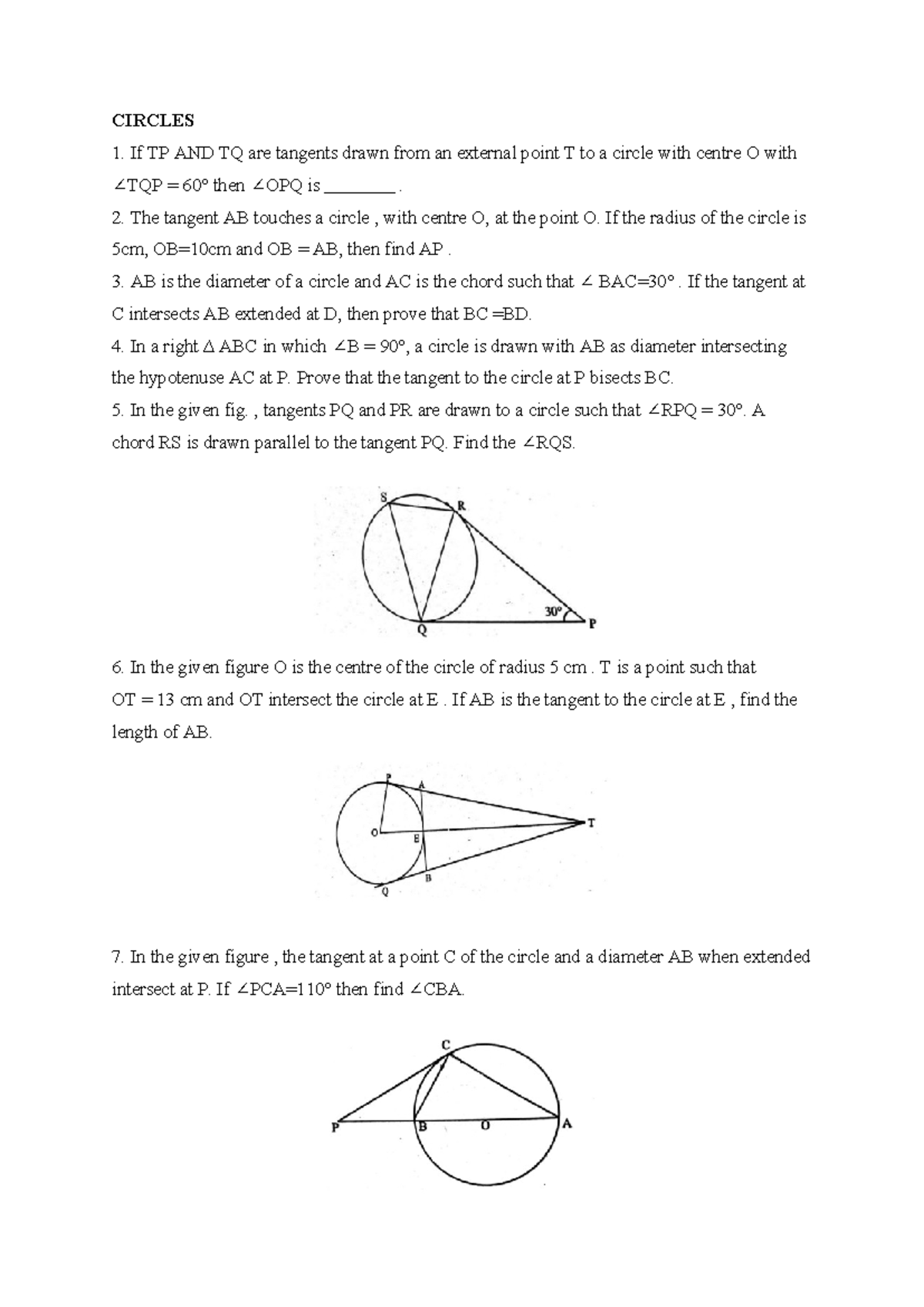Activities for review - CIRCLES If TP AND TQ are tangents drawn from an ...