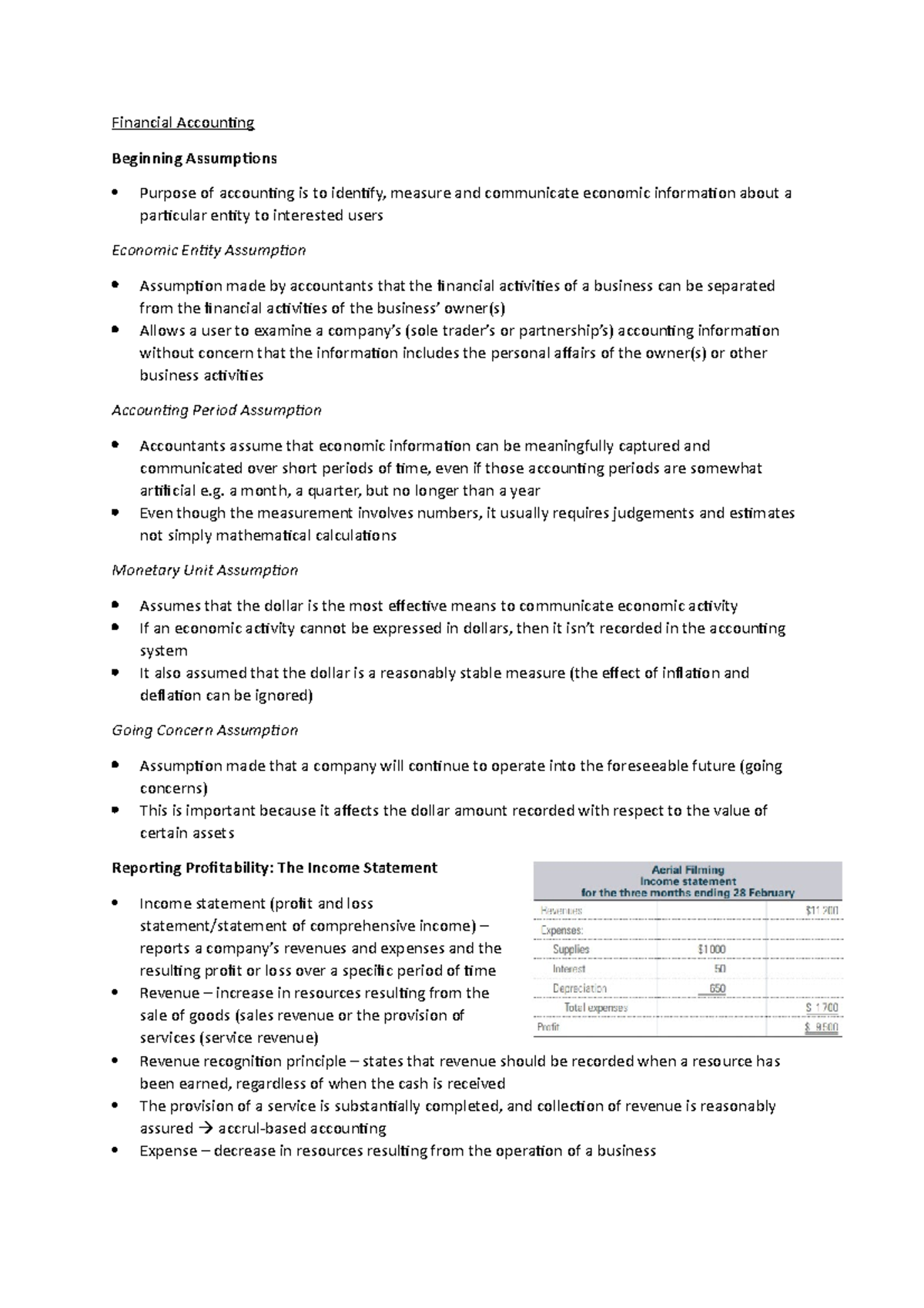 Accounting Notes A - Financial Accounting Beginning Assumptions Purpose ...