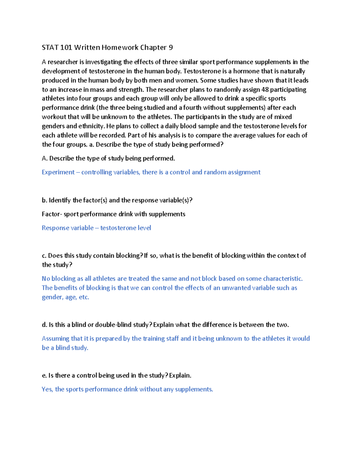 Written Assignment 7 Solutions - STAT 101 Written Homework Chapter 9 A ...