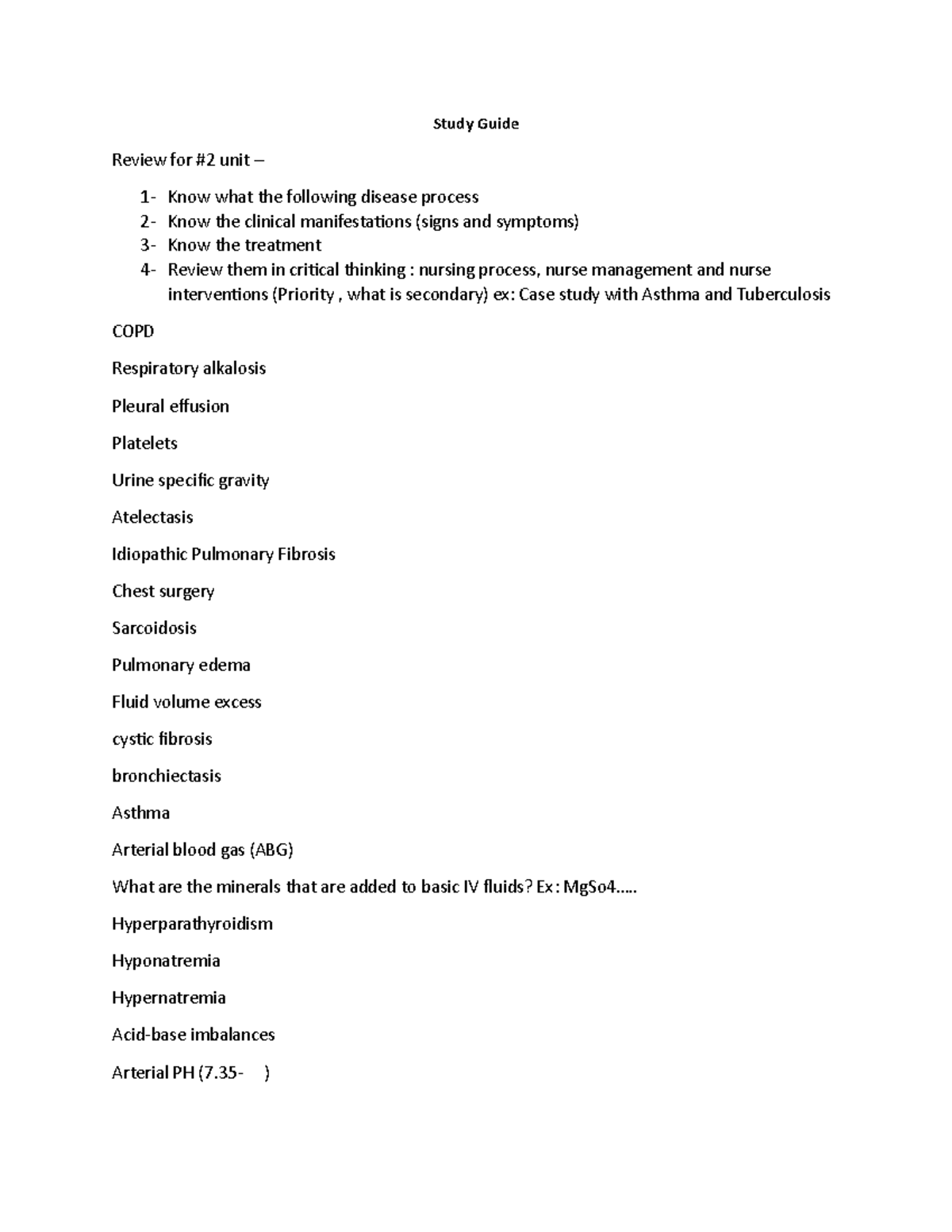 Unit #2 Study guide - Med Surg I - Study Guide Review for #2 unit – 1 ...