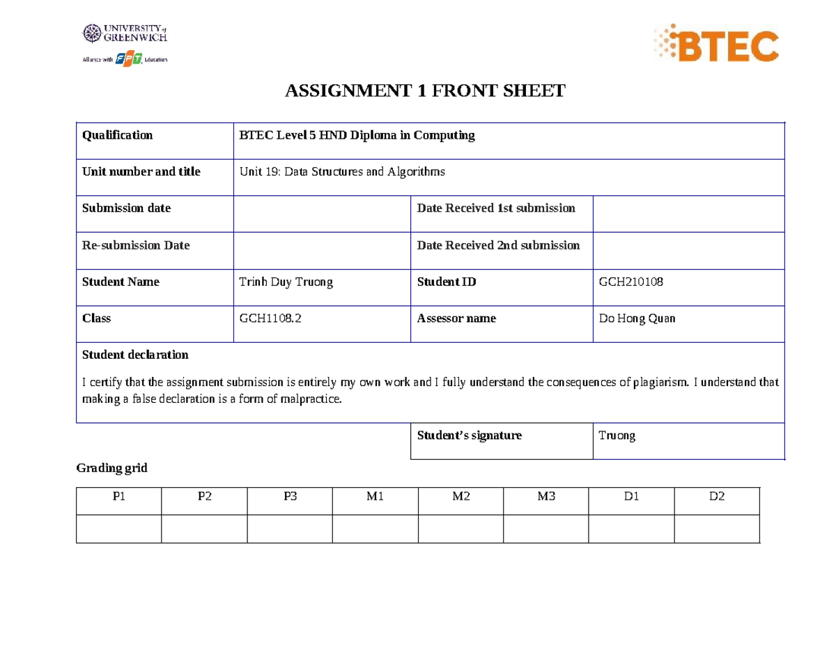 Unit 19 - Assignment 1 - ........ - ASSIGNMENT 1 FRONT SHEET Qualification BTEC Level 5 HND ...