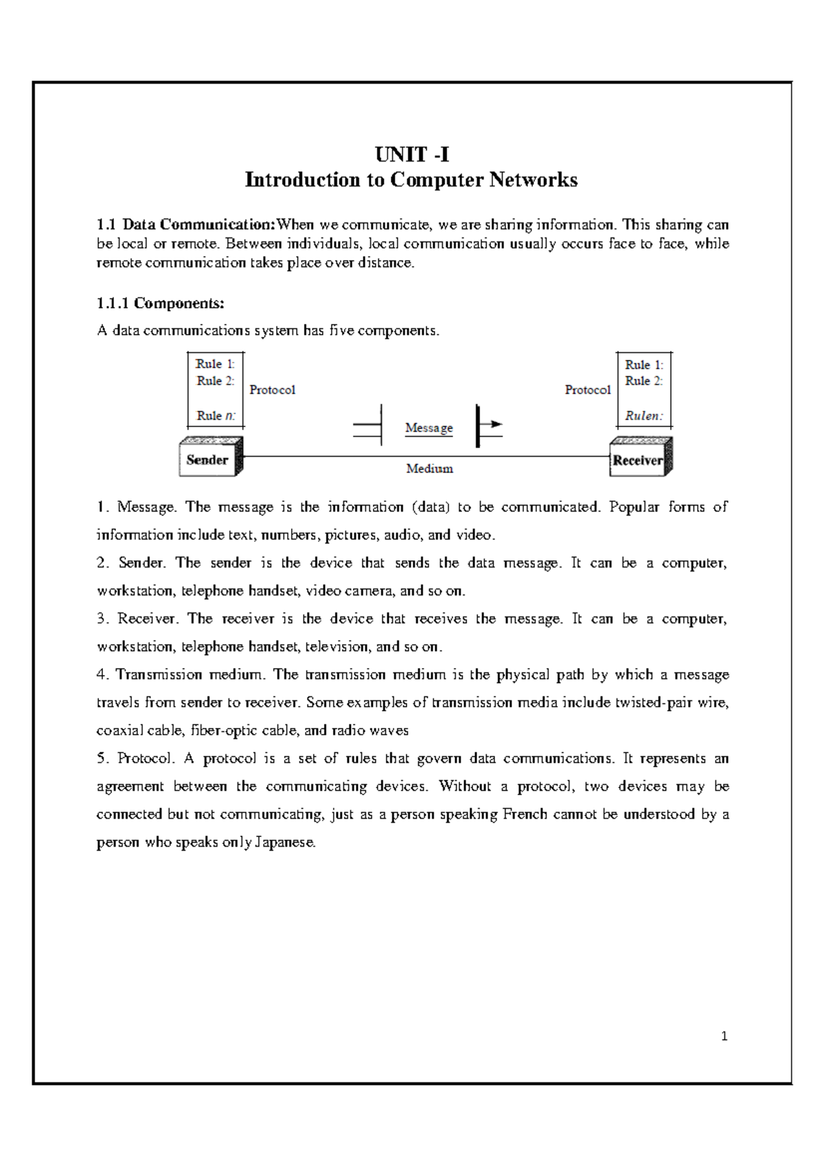 Computer Networks Unit 1 - UNIT -I Introduction to Computer Networks 1 Da t a Communica t io n ...