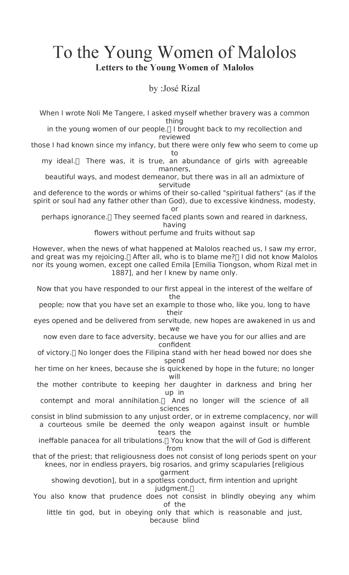 rizal works: life - To the Young Women of Malolos Letters to the Young ...
