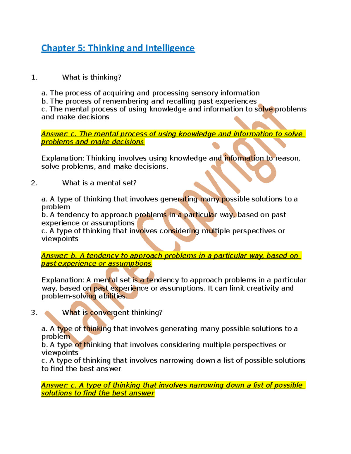 Chapter 5 Thinking and Intelligence Exercises - Chapter 5: Thinking and ...