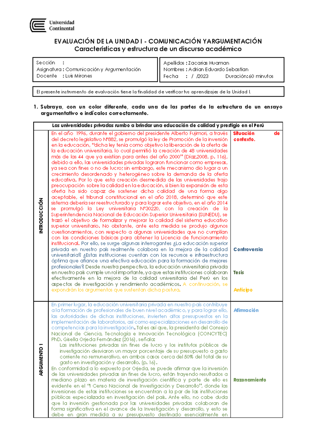 Evaluación - Unidad I(1) - EVALUACI”N DE LA UNIDAD I - COMUNICACI”N YARGUMENTACI”N ...