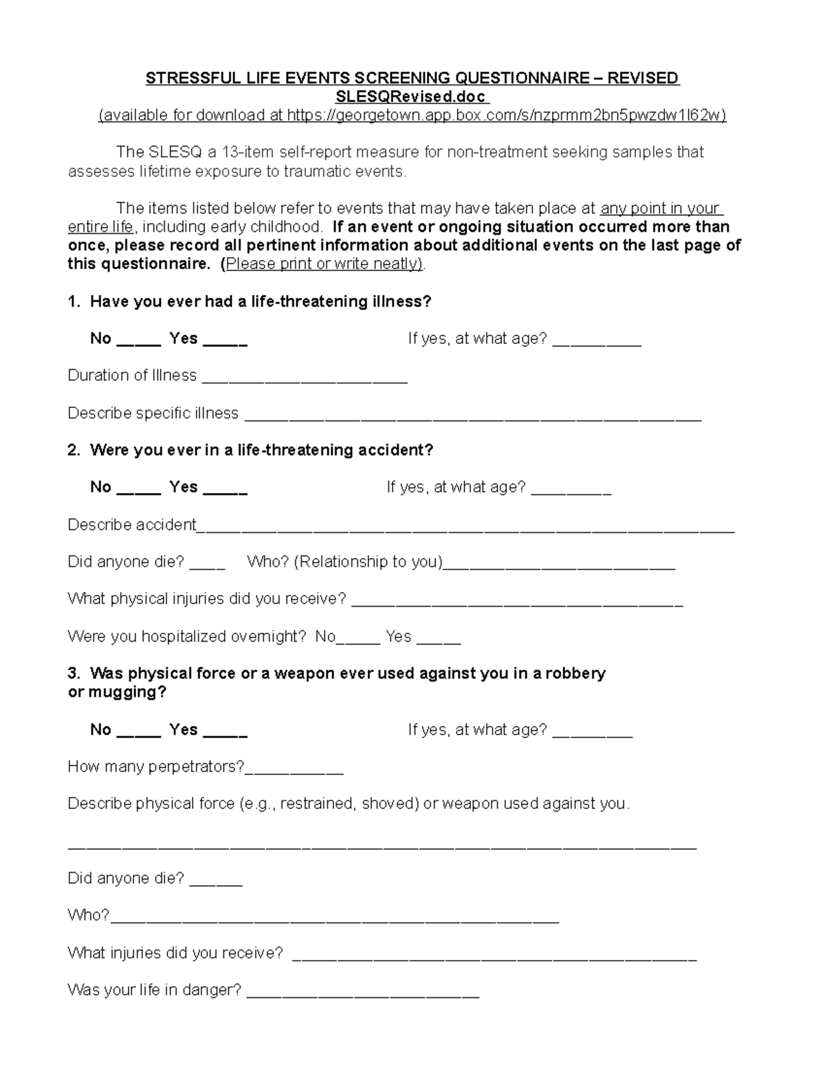 Slesqrevised - assessment tools - STRESSFUL LIFE EVENTS SCREENING ...