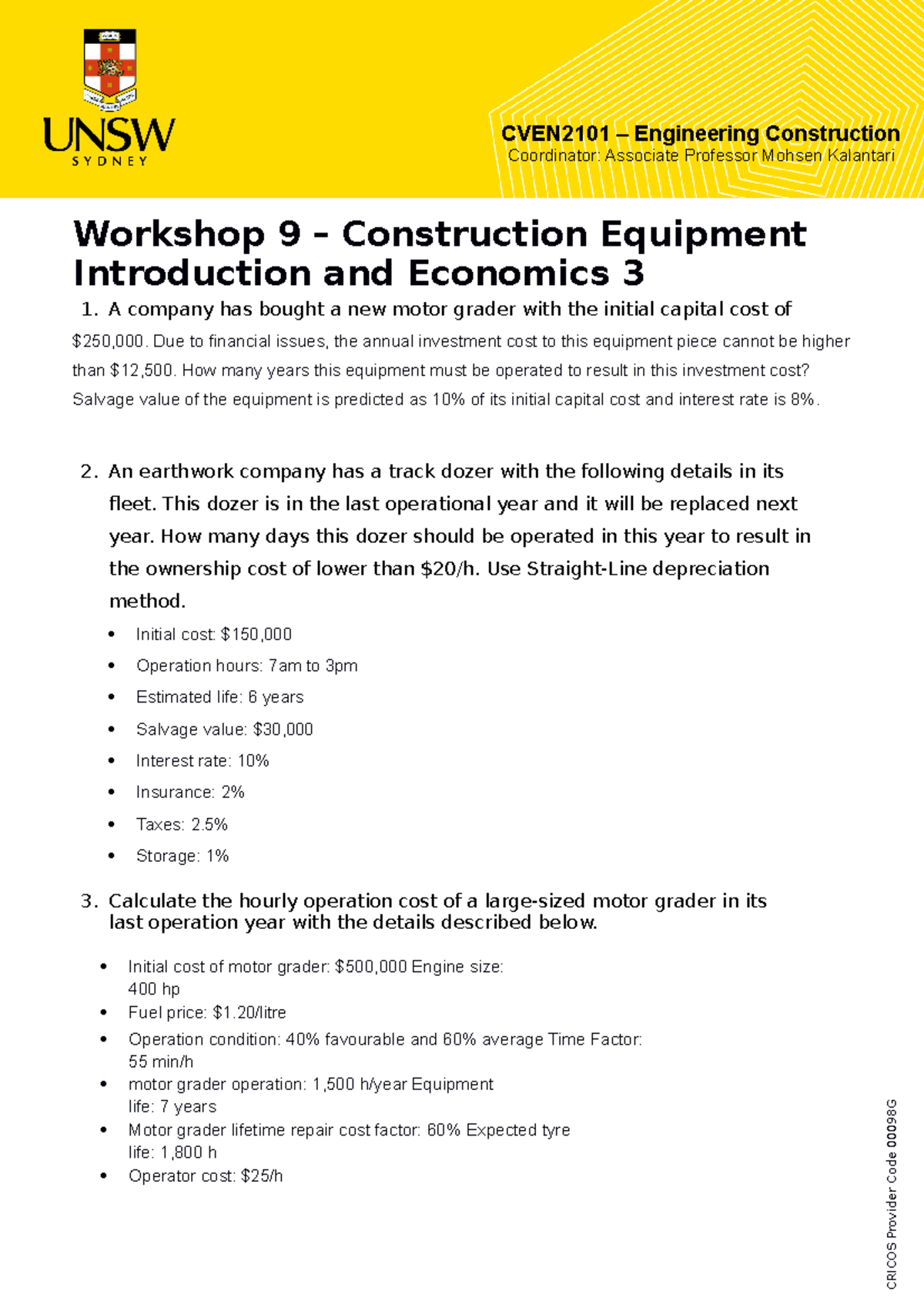 CVEN2101-Workshop 9 - workshop - Workshop 9 – Construction Equipment ...