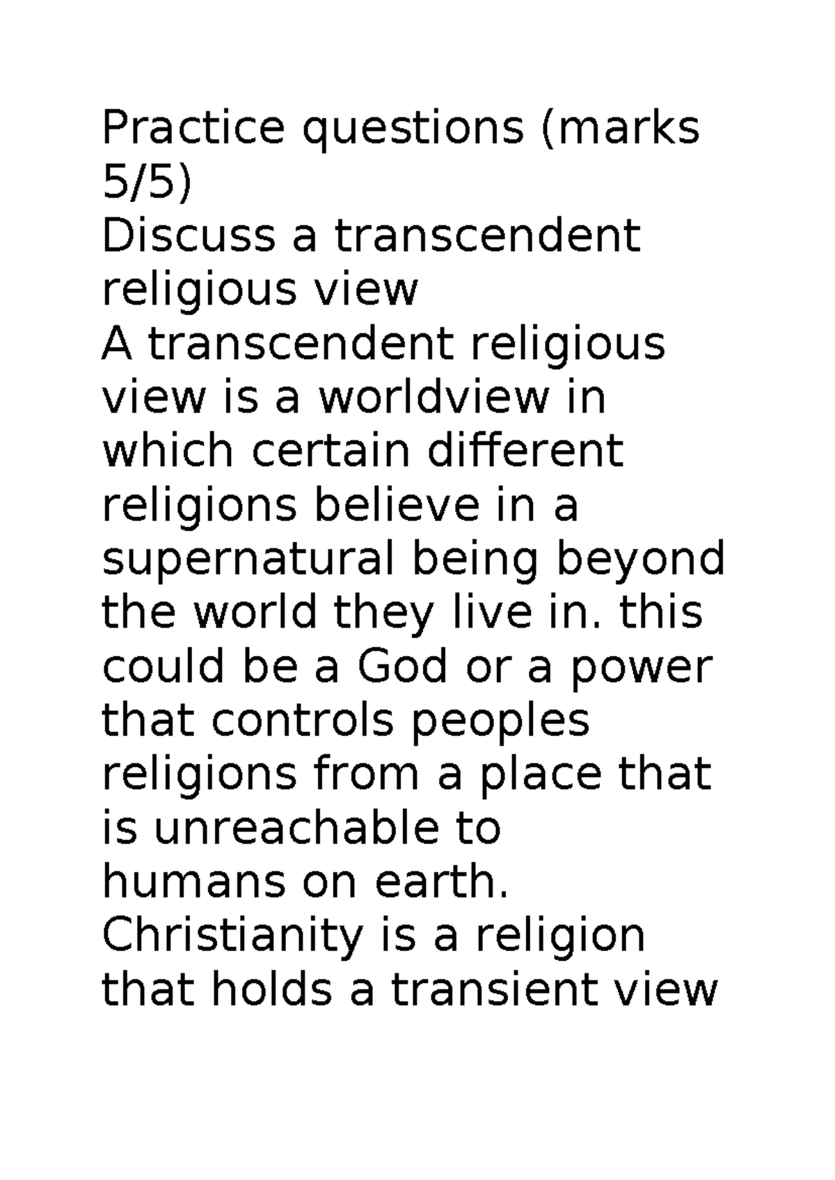 Practice questions Religion - Practice questions (marks 5/5) Discuss a ...