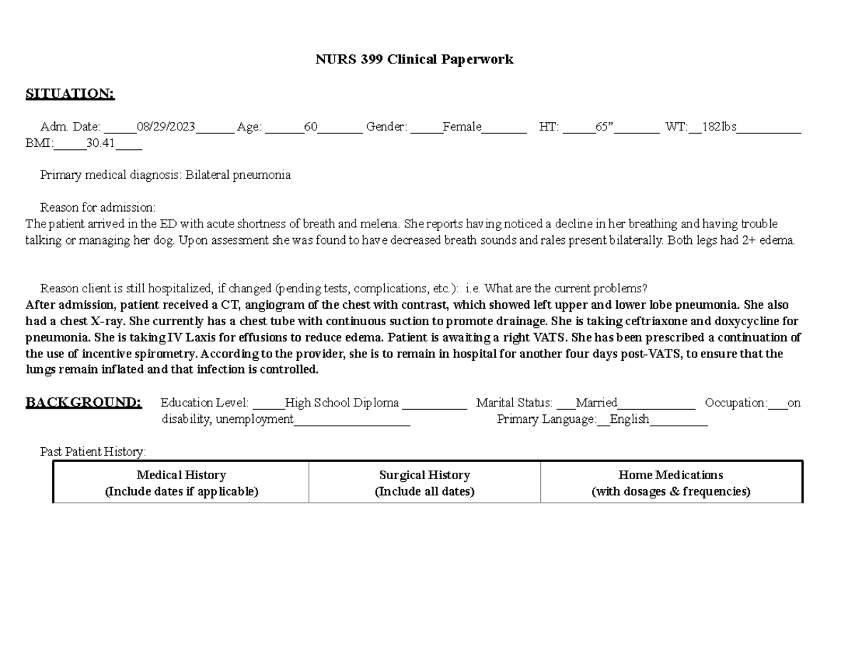 NURS 399 Care plan 2 - Med surg care plan - NURS 399 Clinical Paperwork ...