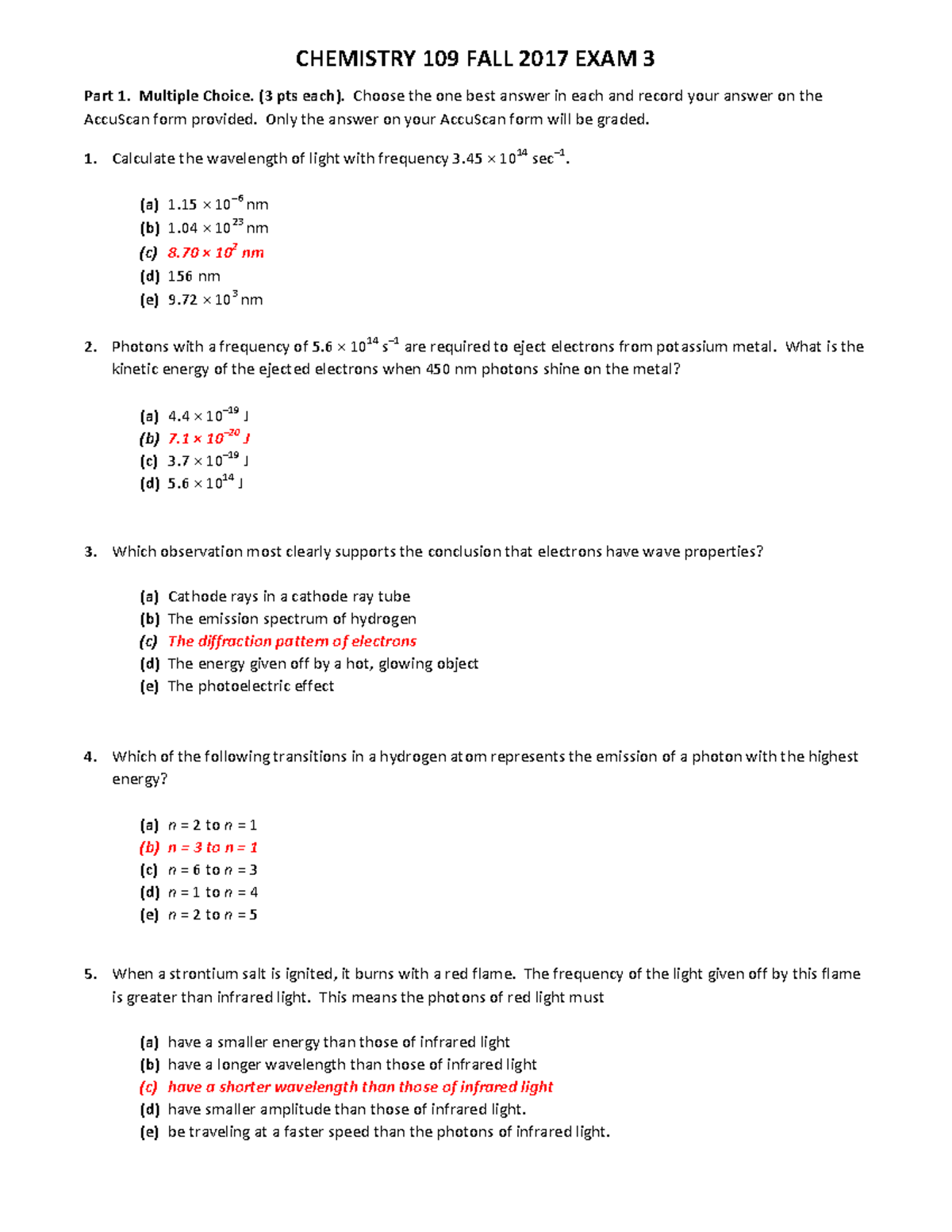 Exam3 109 Fa17 KEY - exam 3 - Part 1. Multiple Choice. (3 pts each ...