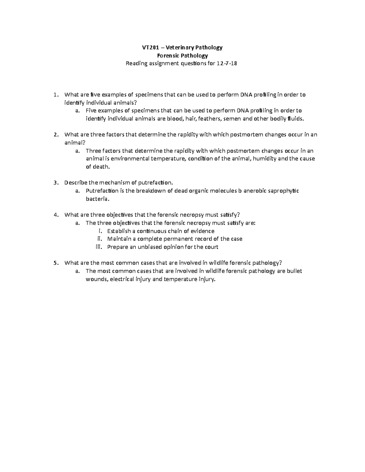 VT201 12-7-18 - RA questions - Forensic Pathology - VT201 – Veterinary ...