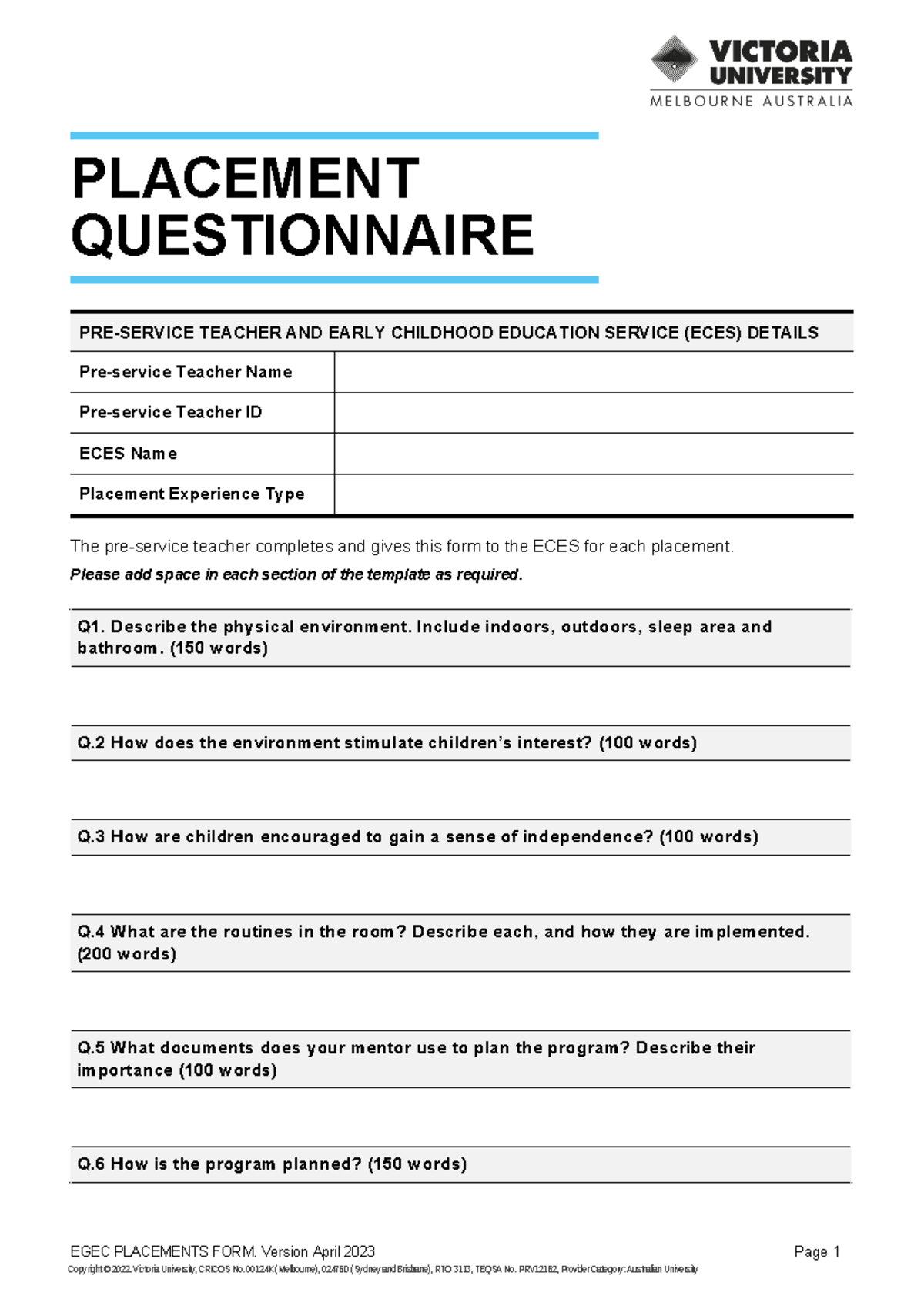 Placement Questionnaire-v.1 - Copyright © 2022. Victoria University ...