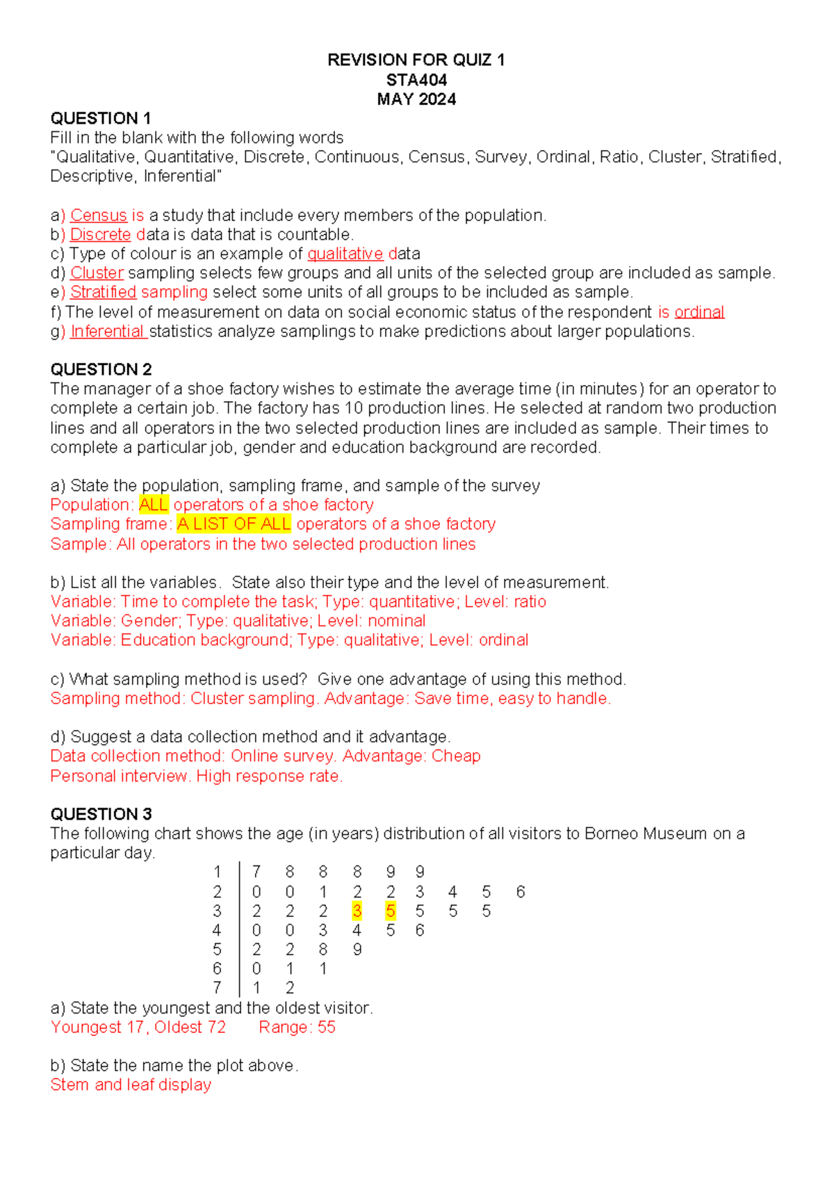 Revision FOR QUIZ 1 (May 24) (With Answer) - REVISION FOR QUIZ 1 STA ...