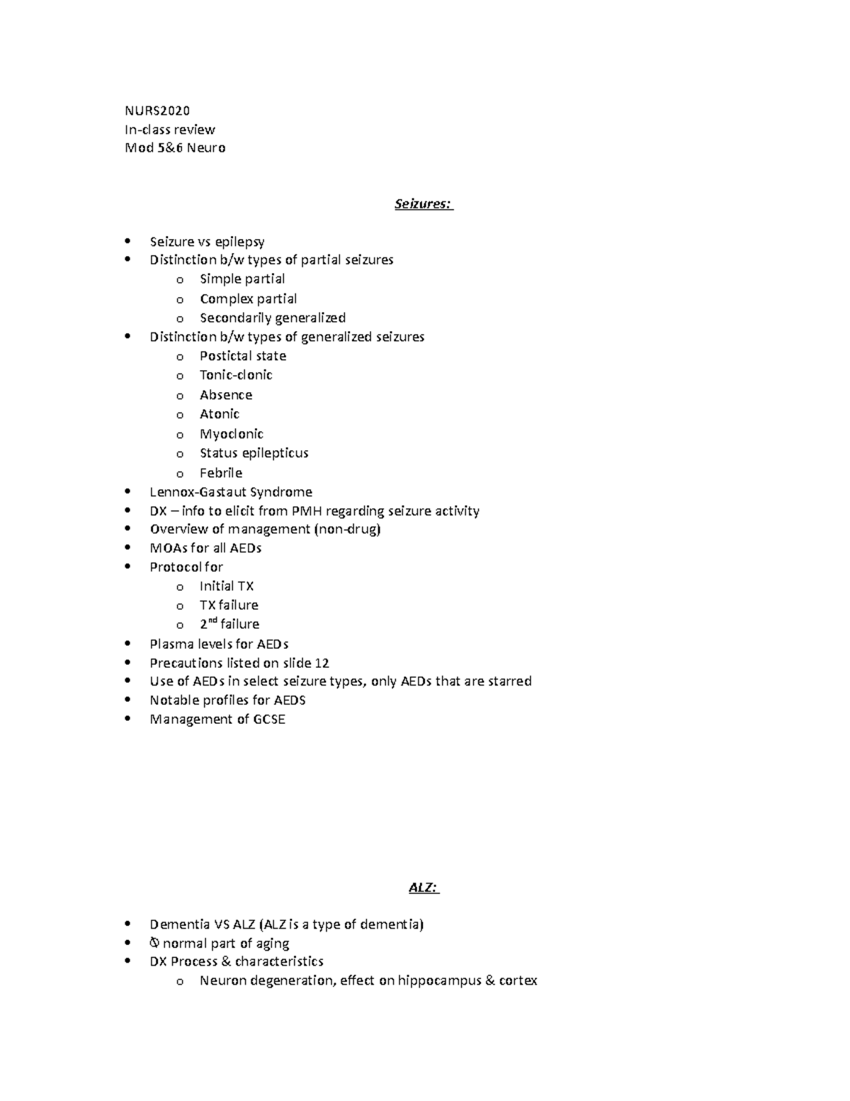 Mod 5&6 In-Class Review - NURS In-class review Mod 5&6 Neuro Seizures ...