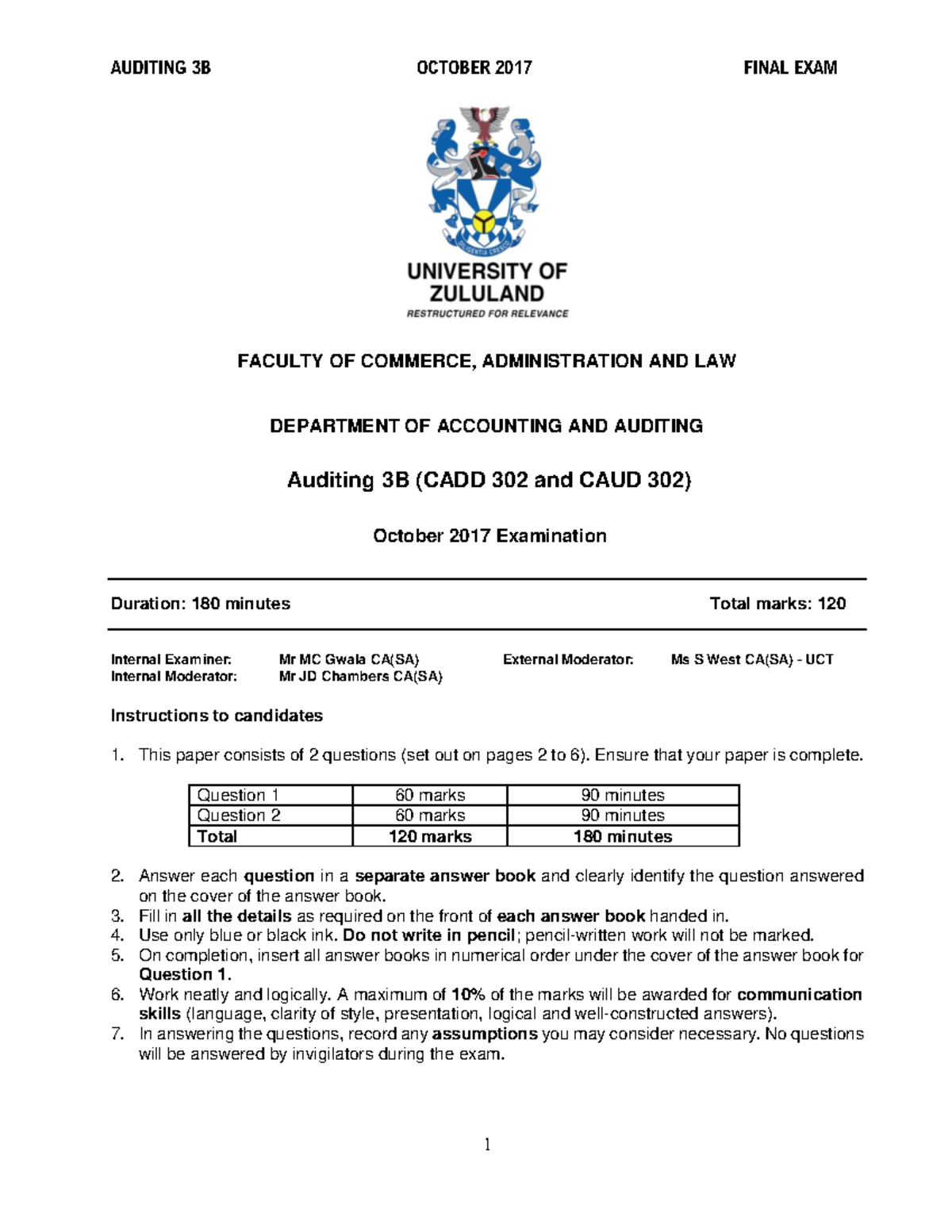 2017 Auditing 3B - Examination Question Paper - FACULTY OF COMMERCE ...