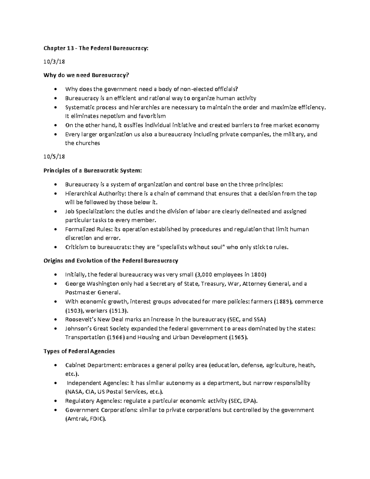 POSI-Chapter 13,15 notes - Chapter 13 - The Federal Bureaucracy: 10/3 ...