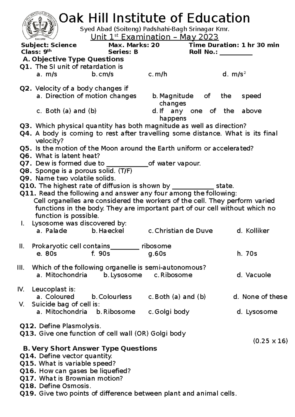 C9 science series B u1 - exam related materials - Oak Hill Institute of ...