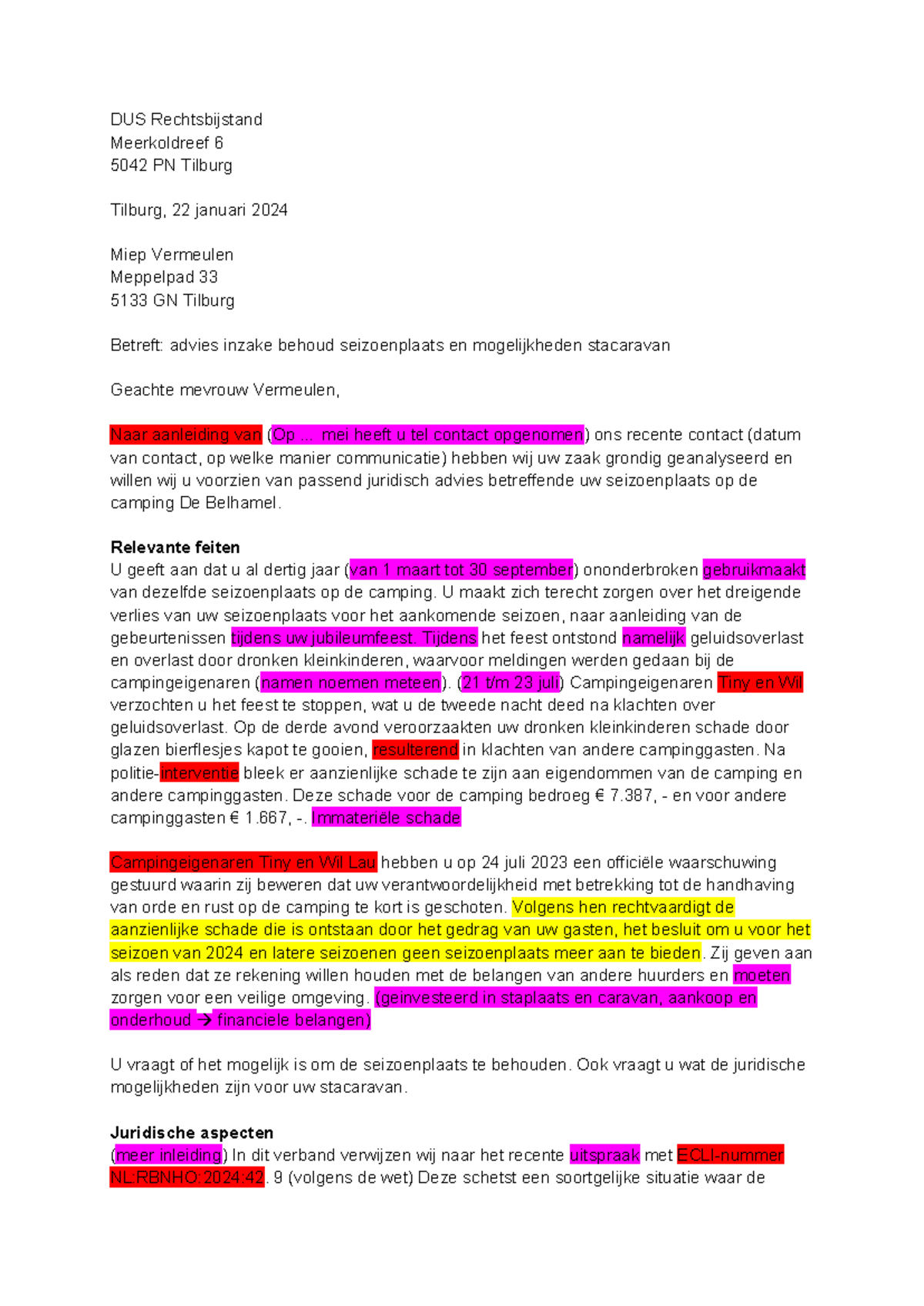 Juridische adviesbrief Davids Elisa - DUS Rechtsbijstand Meerkoldreef 6 ...