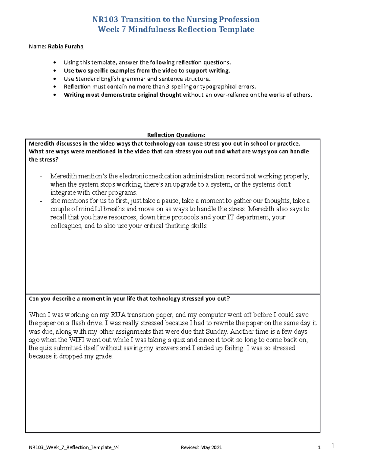 NR103 Week7 Reflection Template May2021 - NURS 3135 - UWG - Studocu