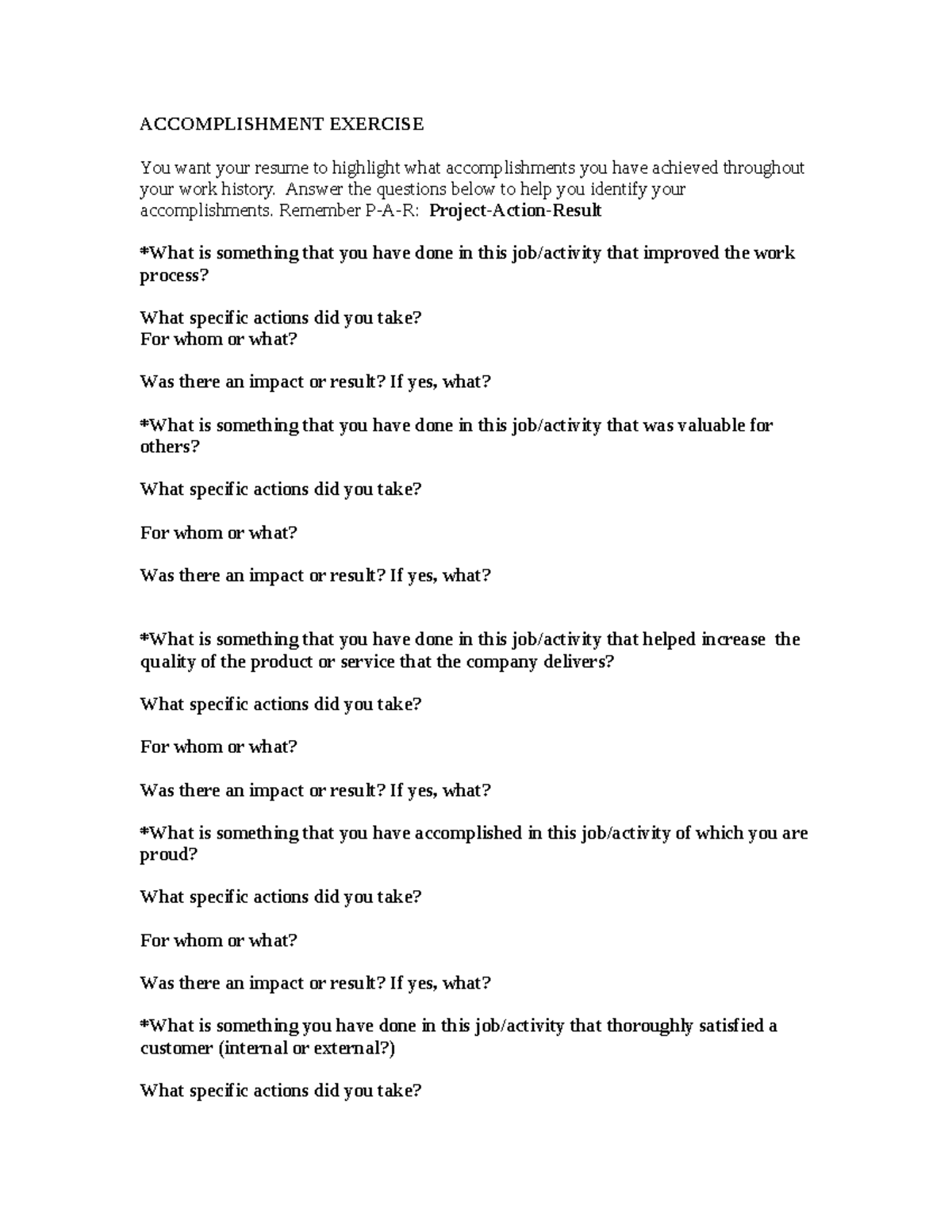 Resume writing accomplishments - ACCOMPLISHMENT EXERCISE You want your ...