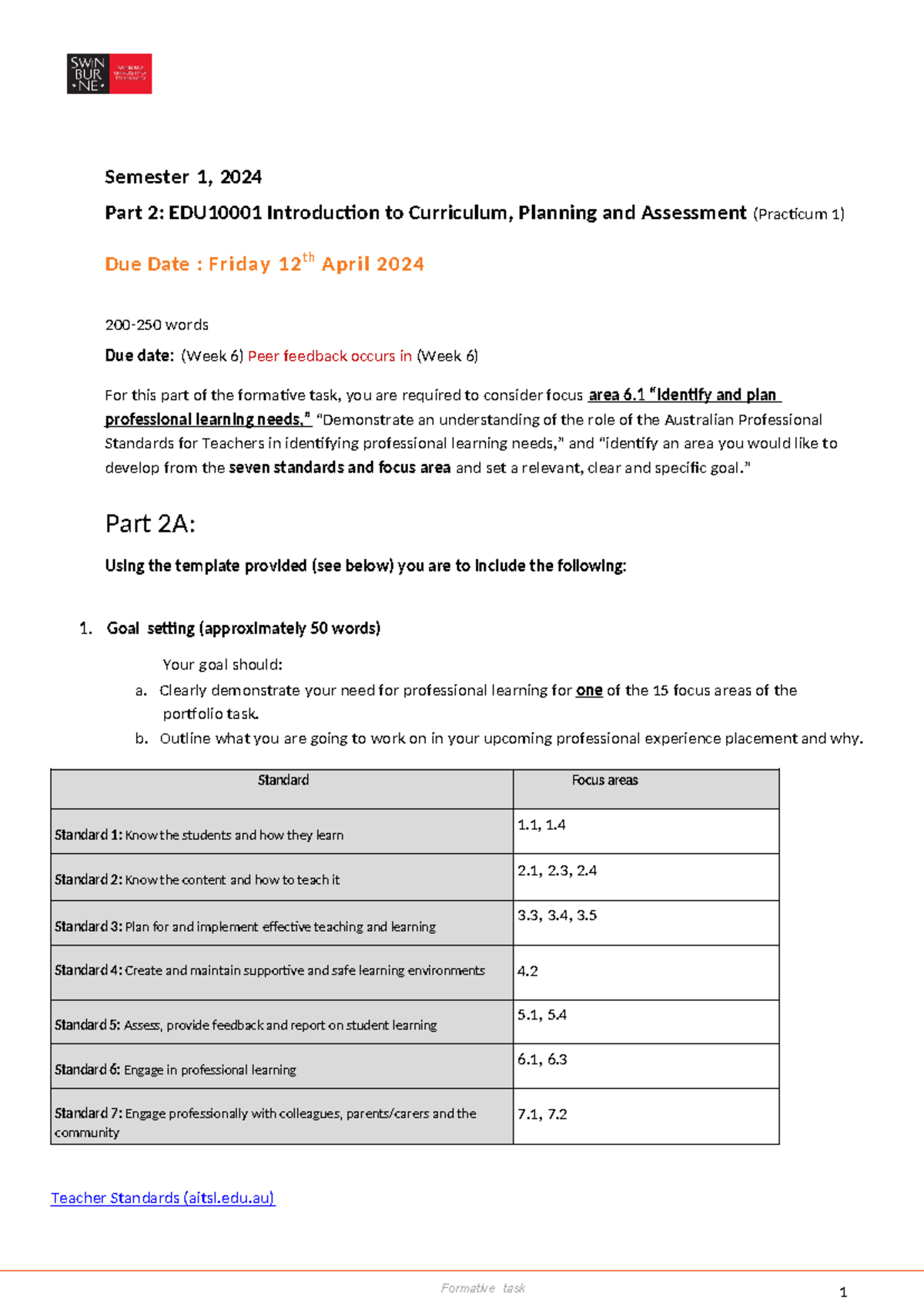 Formative Task Part 2 EDU10001 HS1 2024-1 - Semester 1, 2024 Part 2 ...