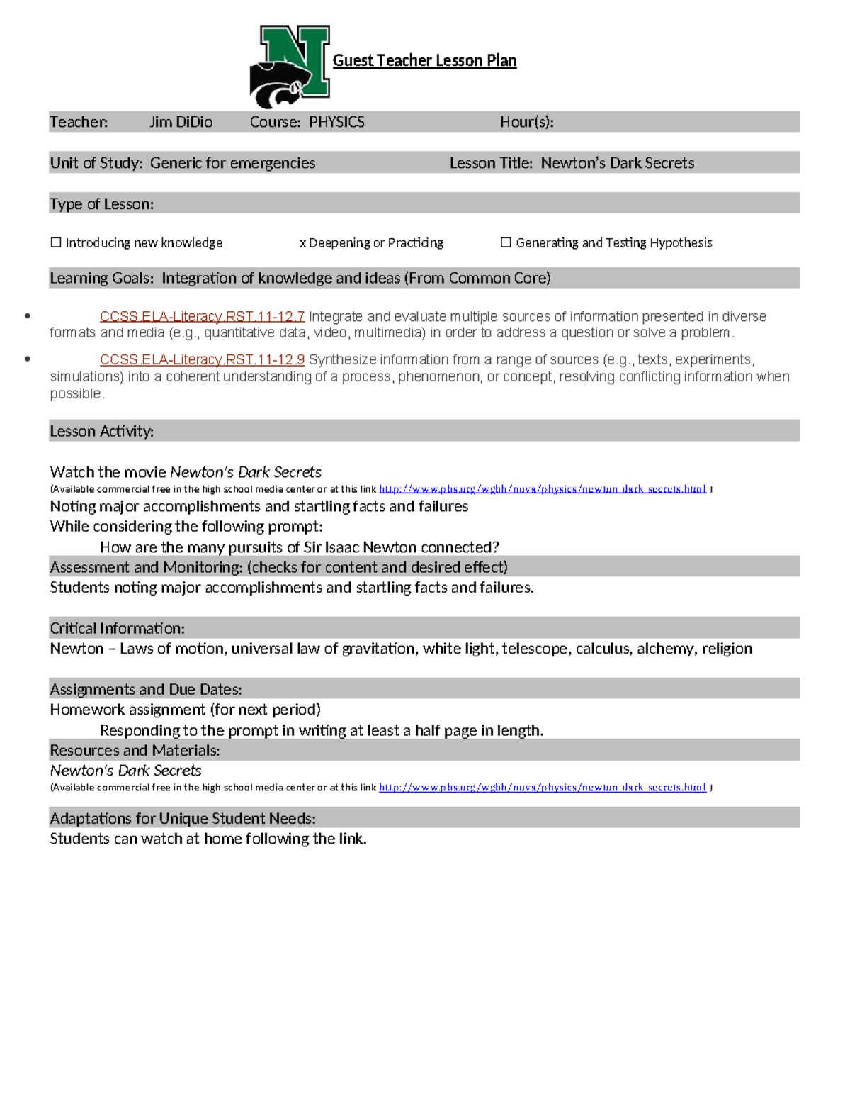 Guest Teacher Lesson Plan - Guest Teacher Lesson Plan Teacher: Jim ...