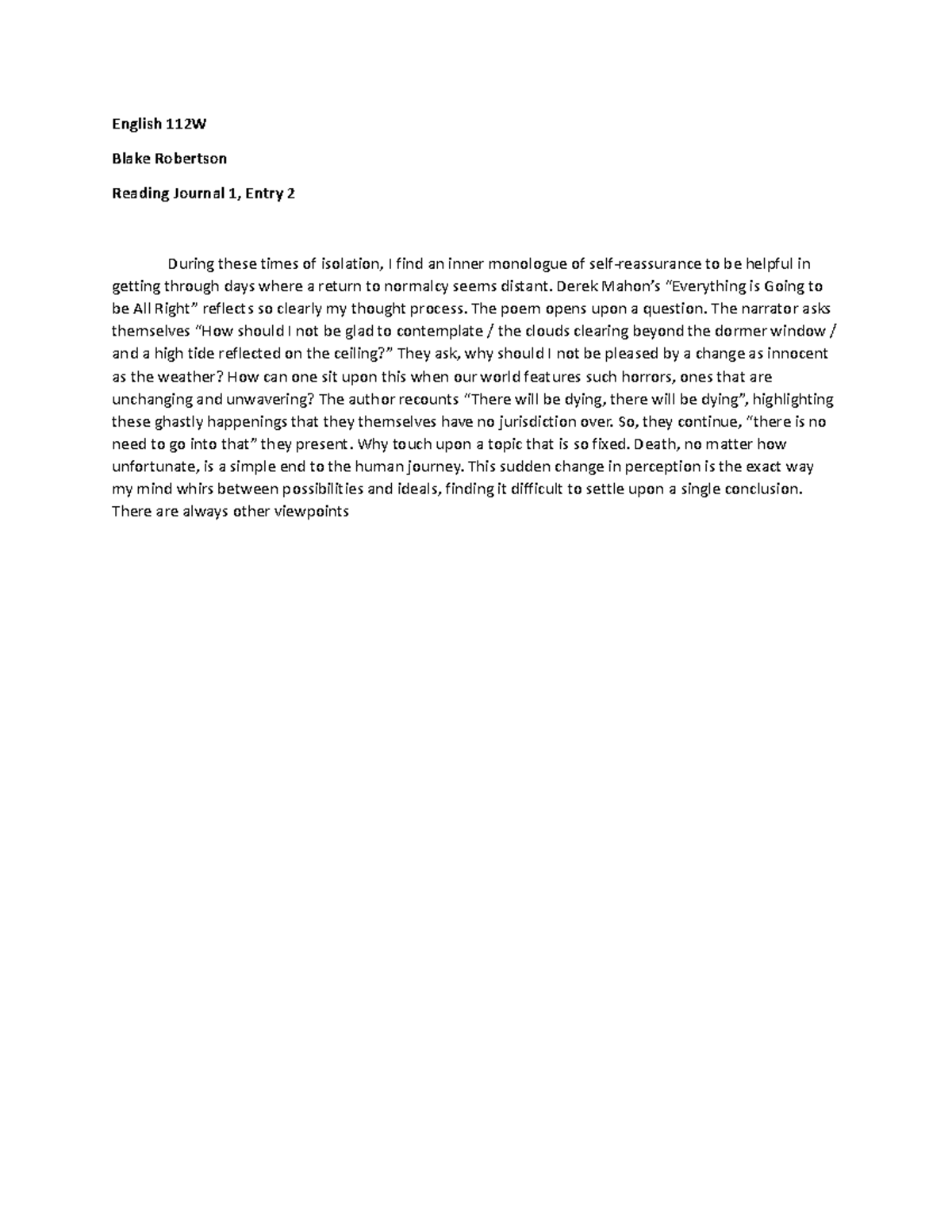 English 112W - Reading Journal 1, Entry 2 - English 112W Blake ...