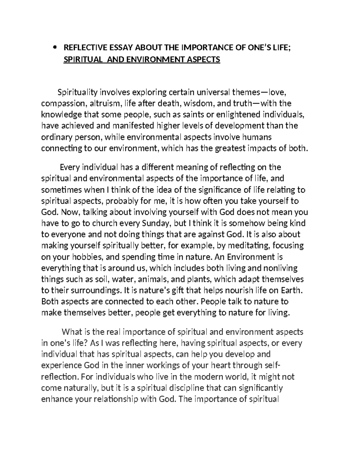 Reflective Essay Spiritual AND Environment Aspects - REFLECTIVE ESSAY ...