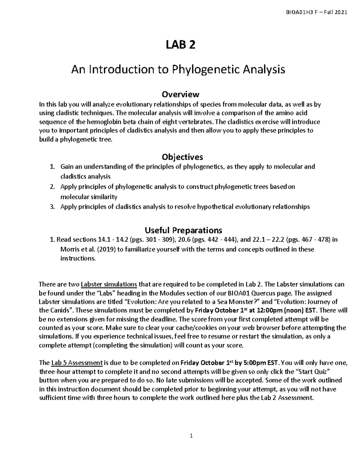 BIOA01 Lab 2 Introduction to Phylogenetic Analysis F2021 - BIO101 ...