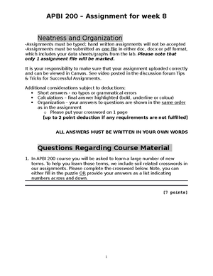 Assignment Week2 - APBI 200 – Assignment for week 2 Neatness and ...