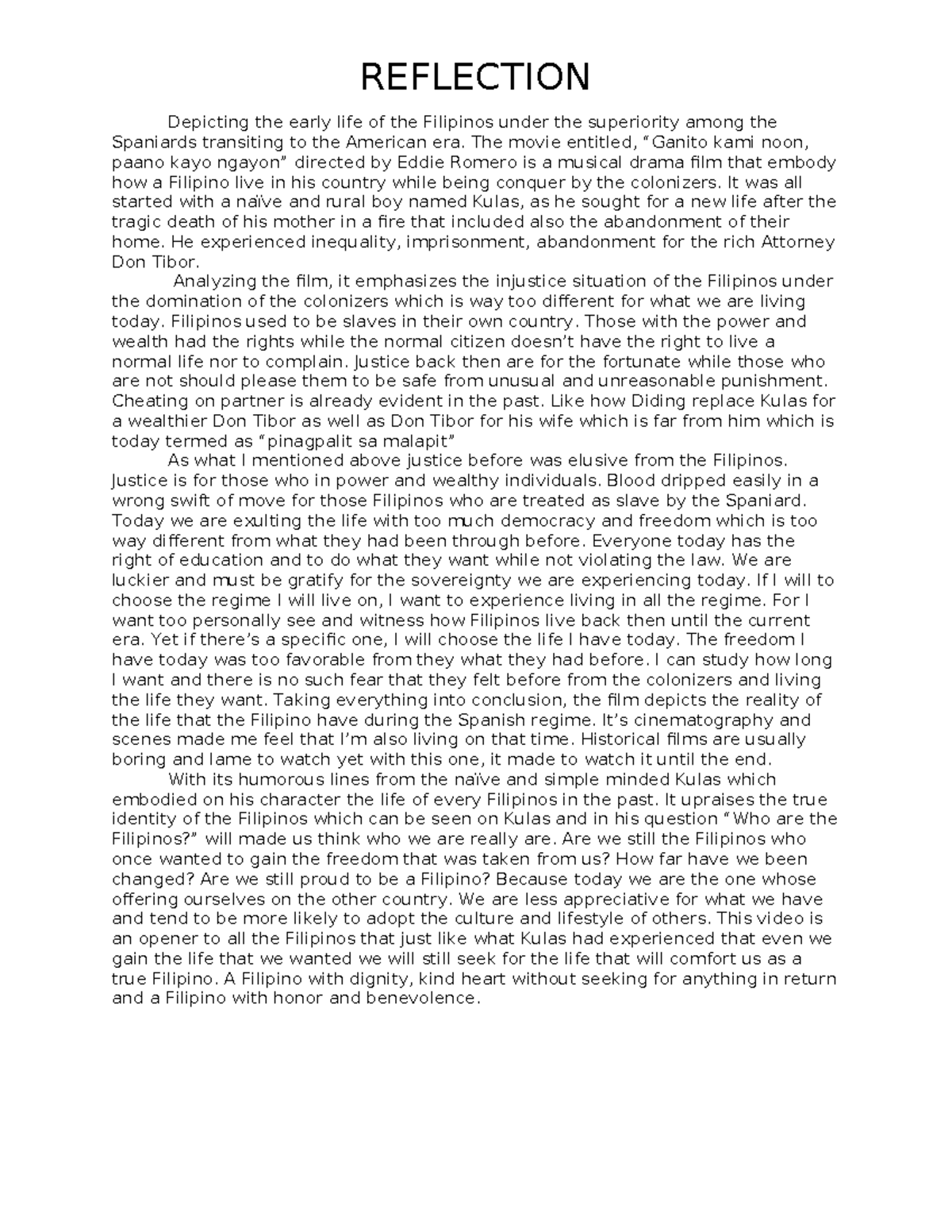 Reaction Paper - REFLECTION Depicting the early life of the Filipinos ...