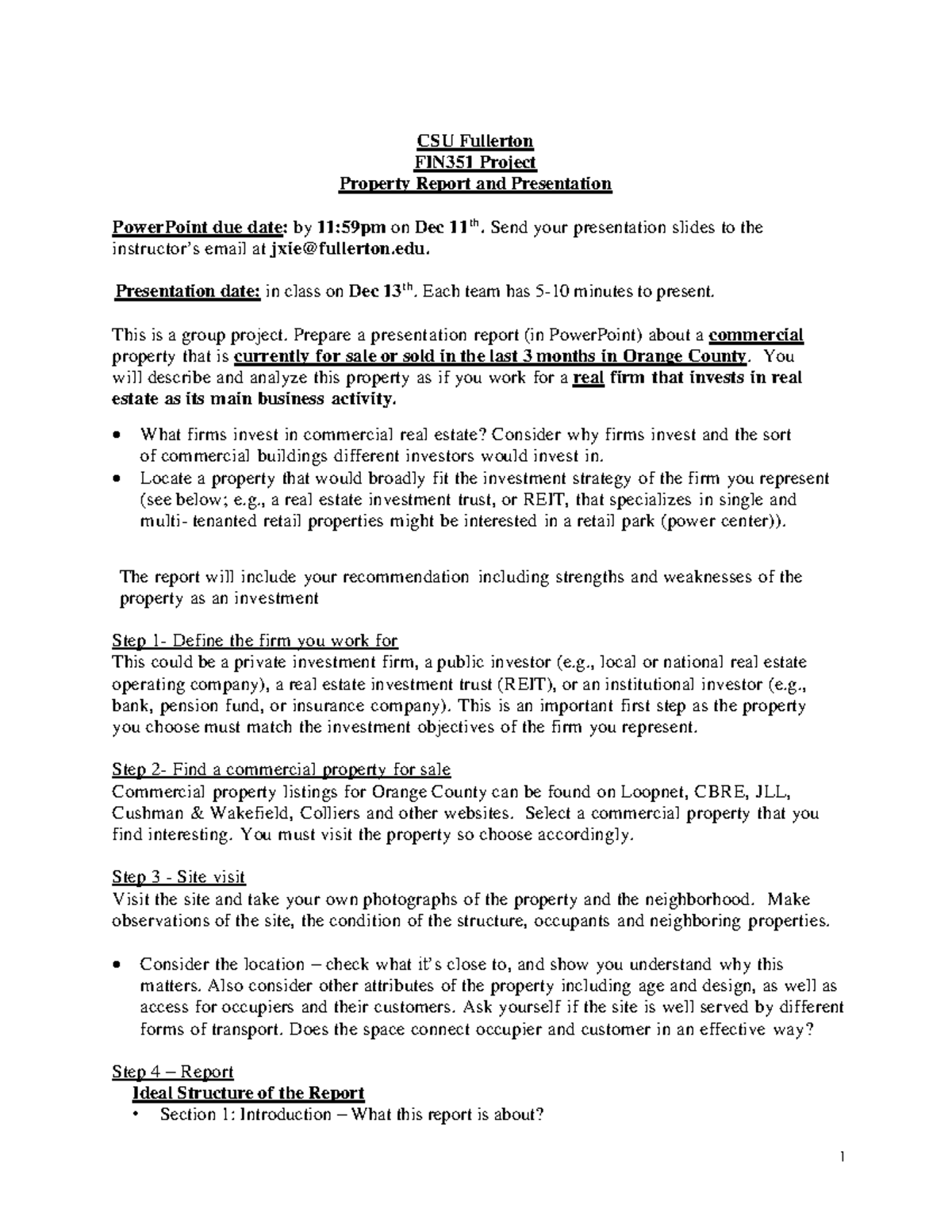 FIN 351 Project - 1 CSU Fullerton FIN351 Project Property Report and ...