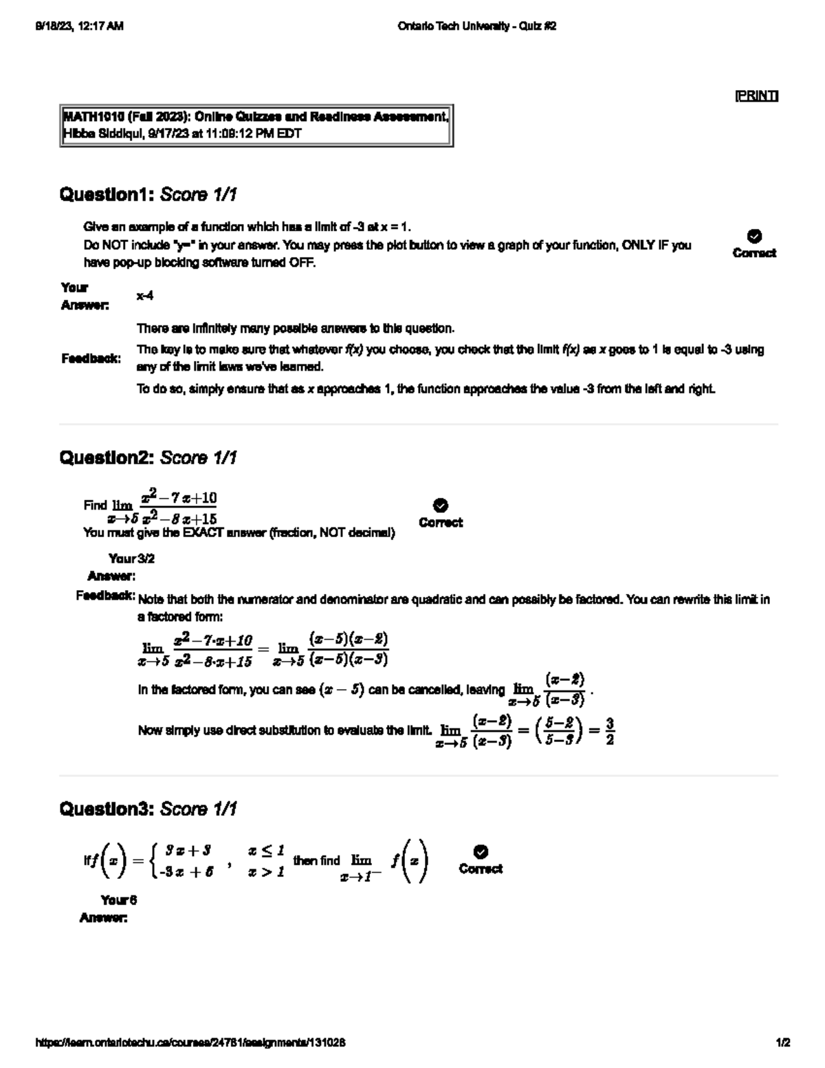 Mobius quiz 2 - calculus quiz answers - MATH1010U - Studocu