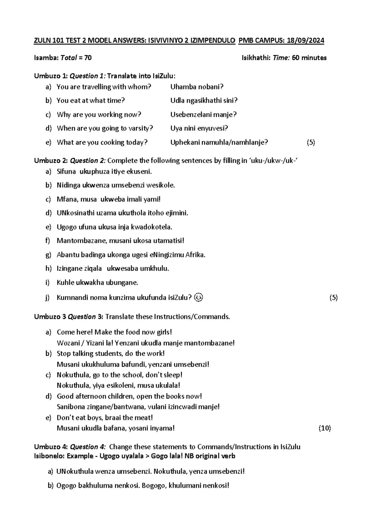 2024 ZULN 101 Basic Isizulu TEST 2 - 18 SEP Model Answers - ZULN 101 ...
