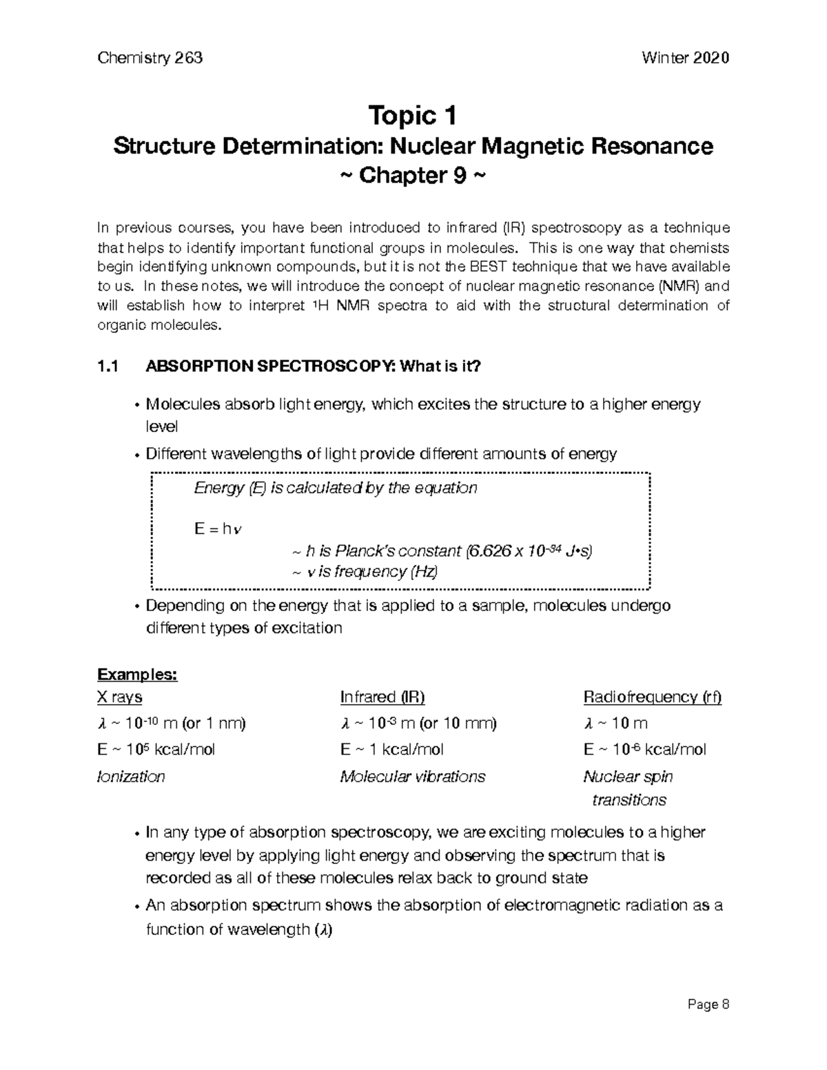 Topic 1 NMRSpectroscopy Ch263 Wi20 - Topic 1 Structure Determination ...