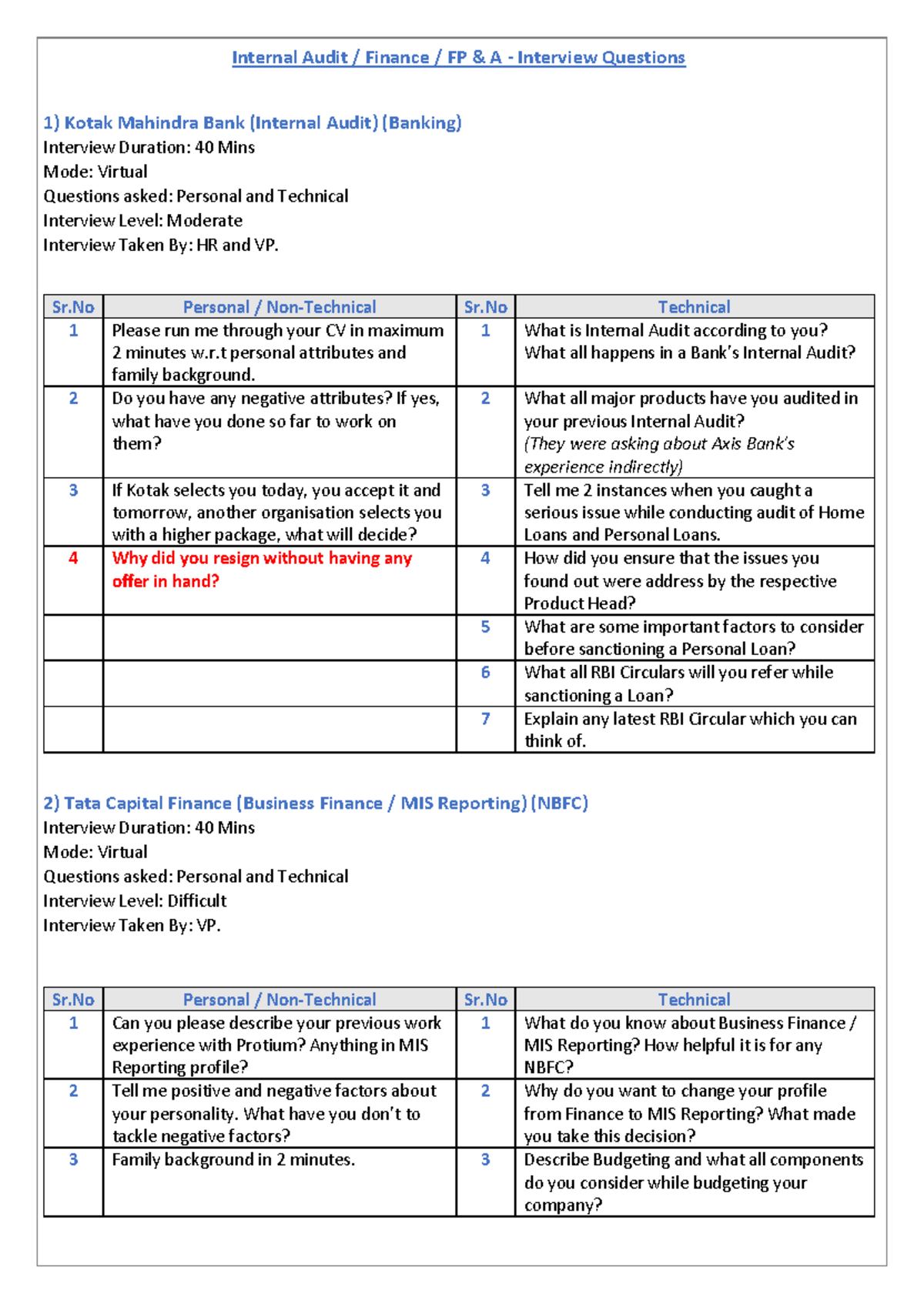 Company Interview questions prep guide - Internal Audit / Finance / FP ...