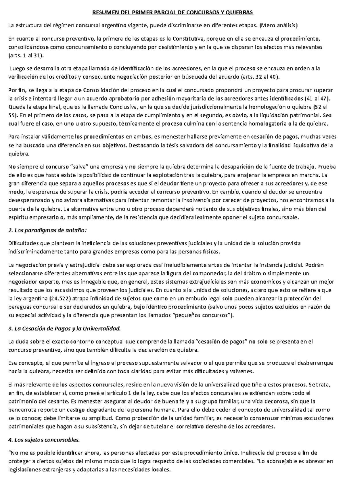Resumen DEL Primer Parcial DE Concursos Y Quiebras - RESUMEN DEL PRIMER PARCIAL DE CONCURSOS Y ...