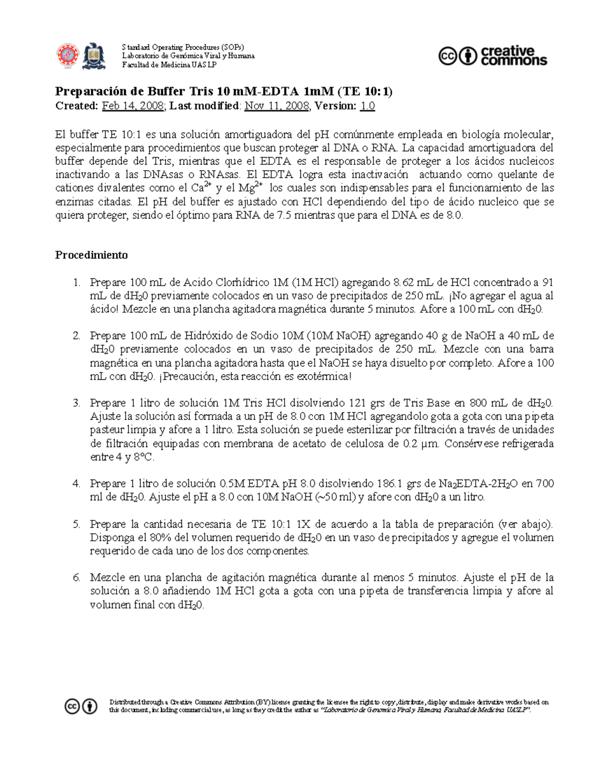 Mol Buffer TE SPA - Standard Operating Procedures (SOPs) Laboratorio de ...