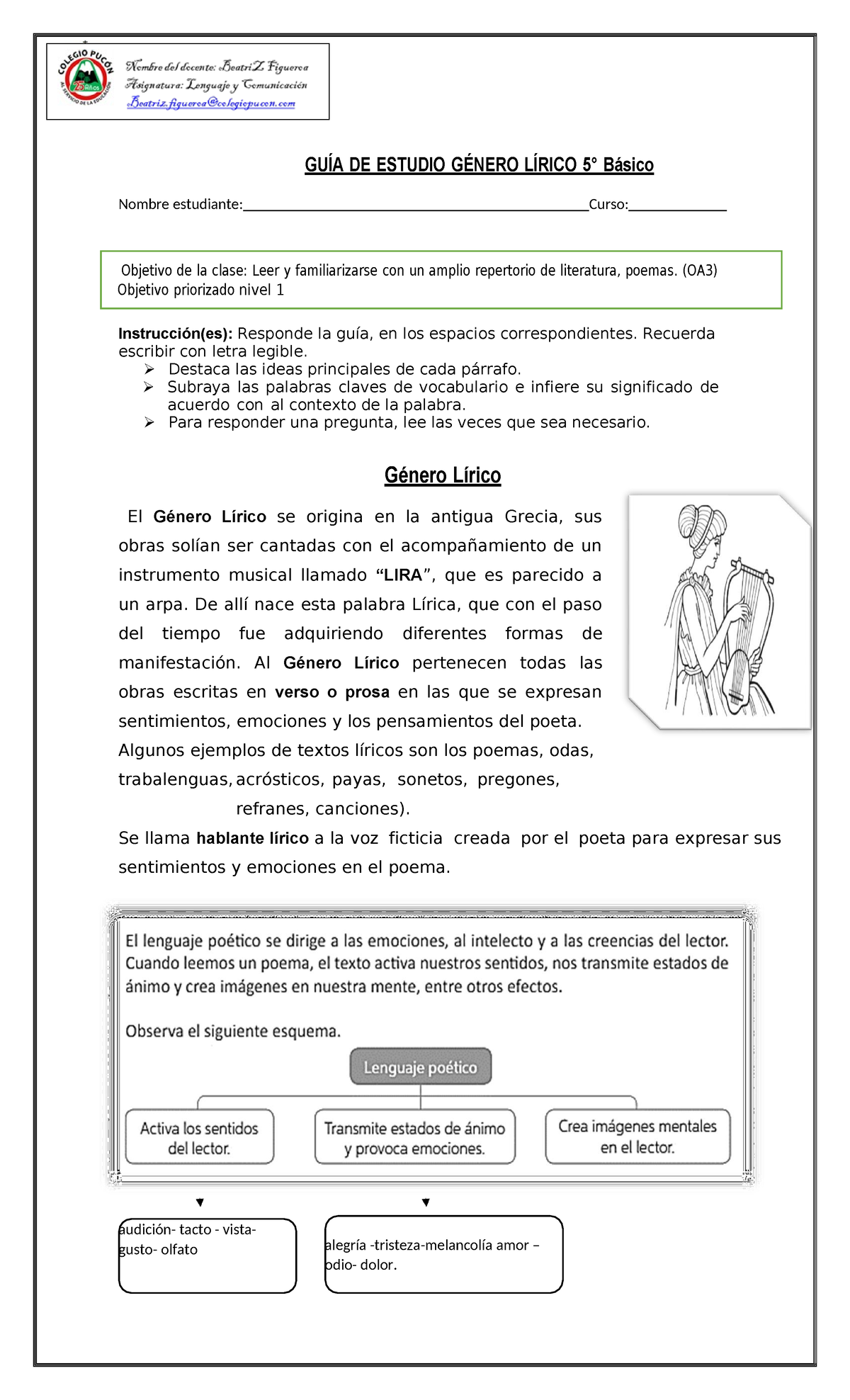 5° Basico Lenguaje Guia de estudio Genero Lirico - Objetivo de la clase ...