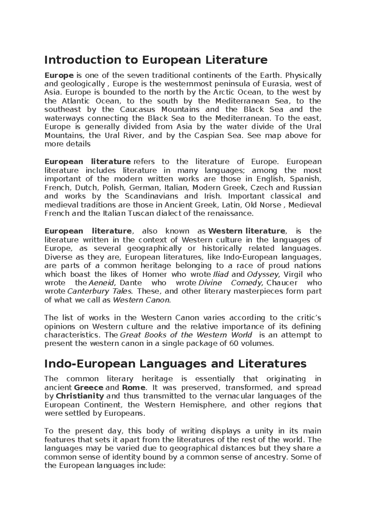 Introduction to European Literature - Physically and geologically ...